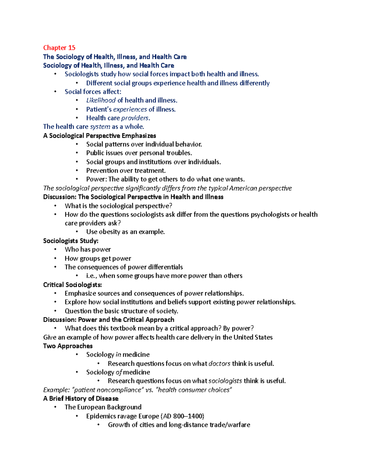 Chapter 15 - notes - Chapter 15 The Sociology of Health, Illness, and ...