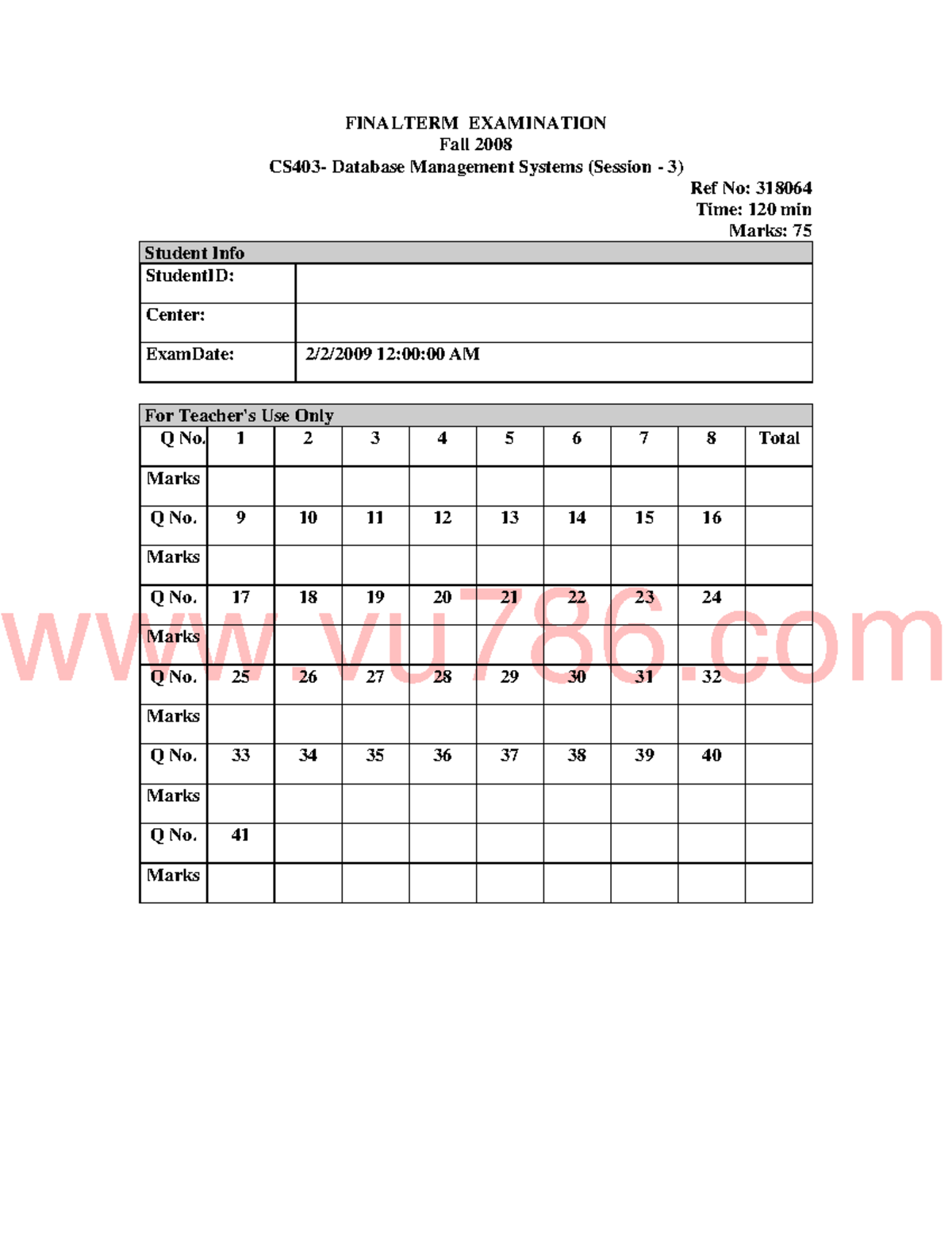 Cs403 final term1 www - dedddddd - vu786 FINALTERM EXAMINATION Fall 2008 CS403- Database ...
