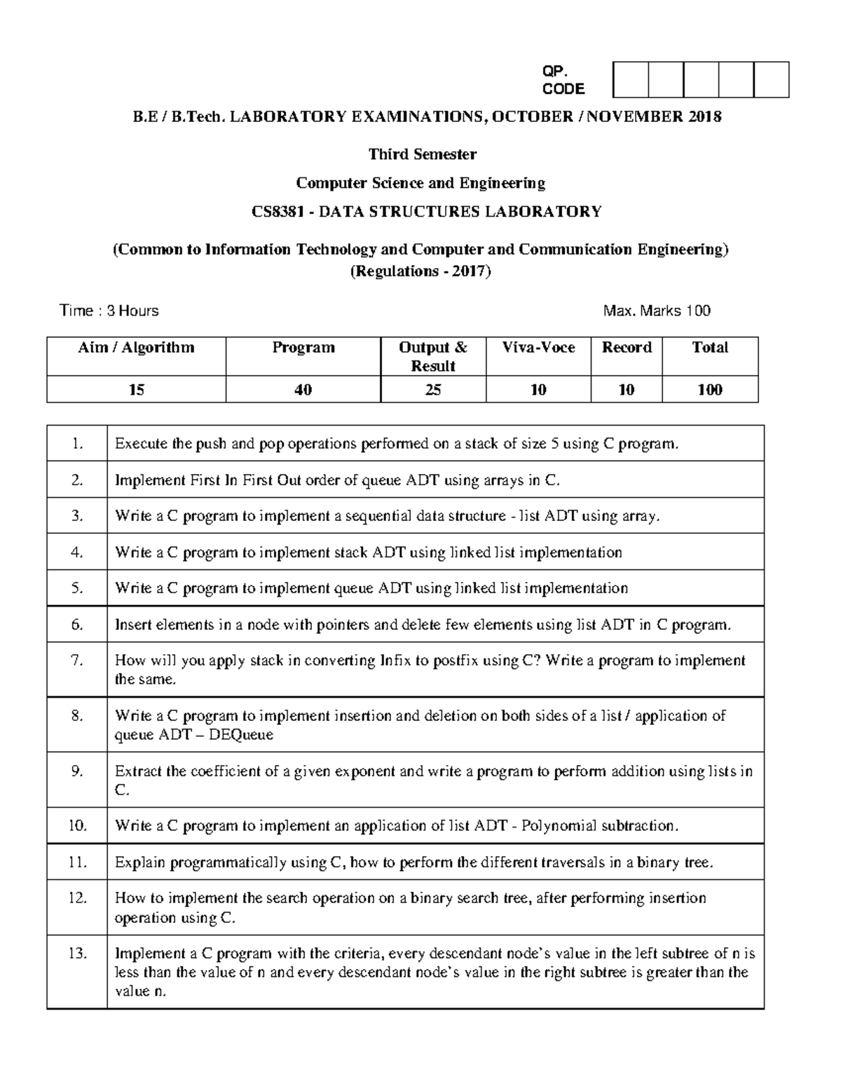 CS8381-lab QP-Set3 - Questions - B / B. LABORATORY EXAMINATIONS ...