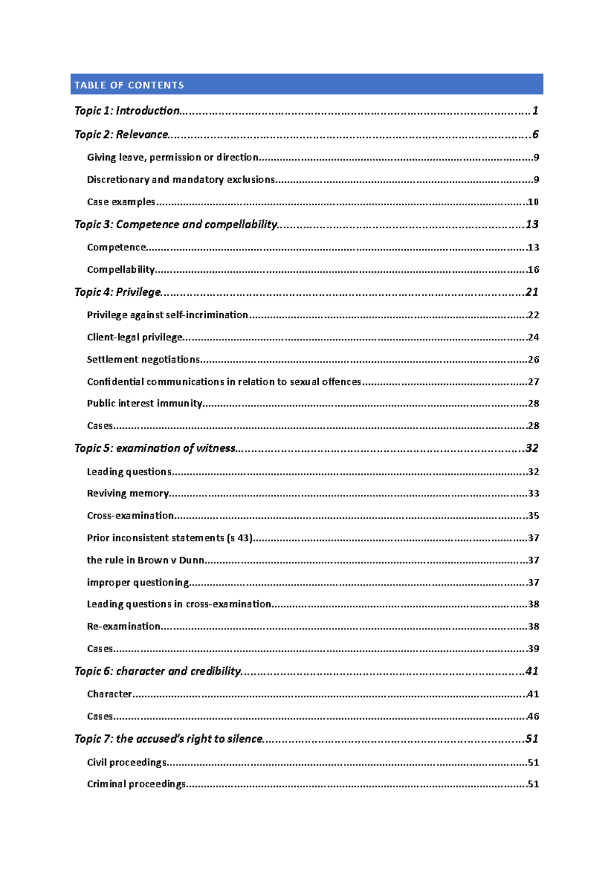 Evidence EXAM N OTES - Exam notes - TABLE OF CONTENTS Topic 1: - Studocu