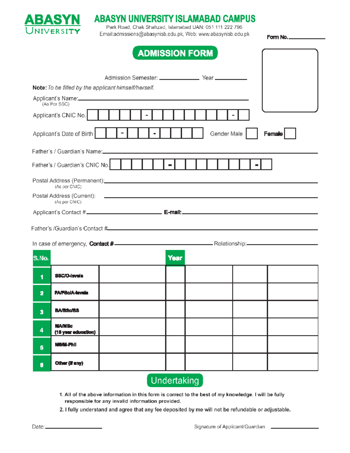 Admission form - Full - BS Civil Engineering BS Electrical Engineering ...