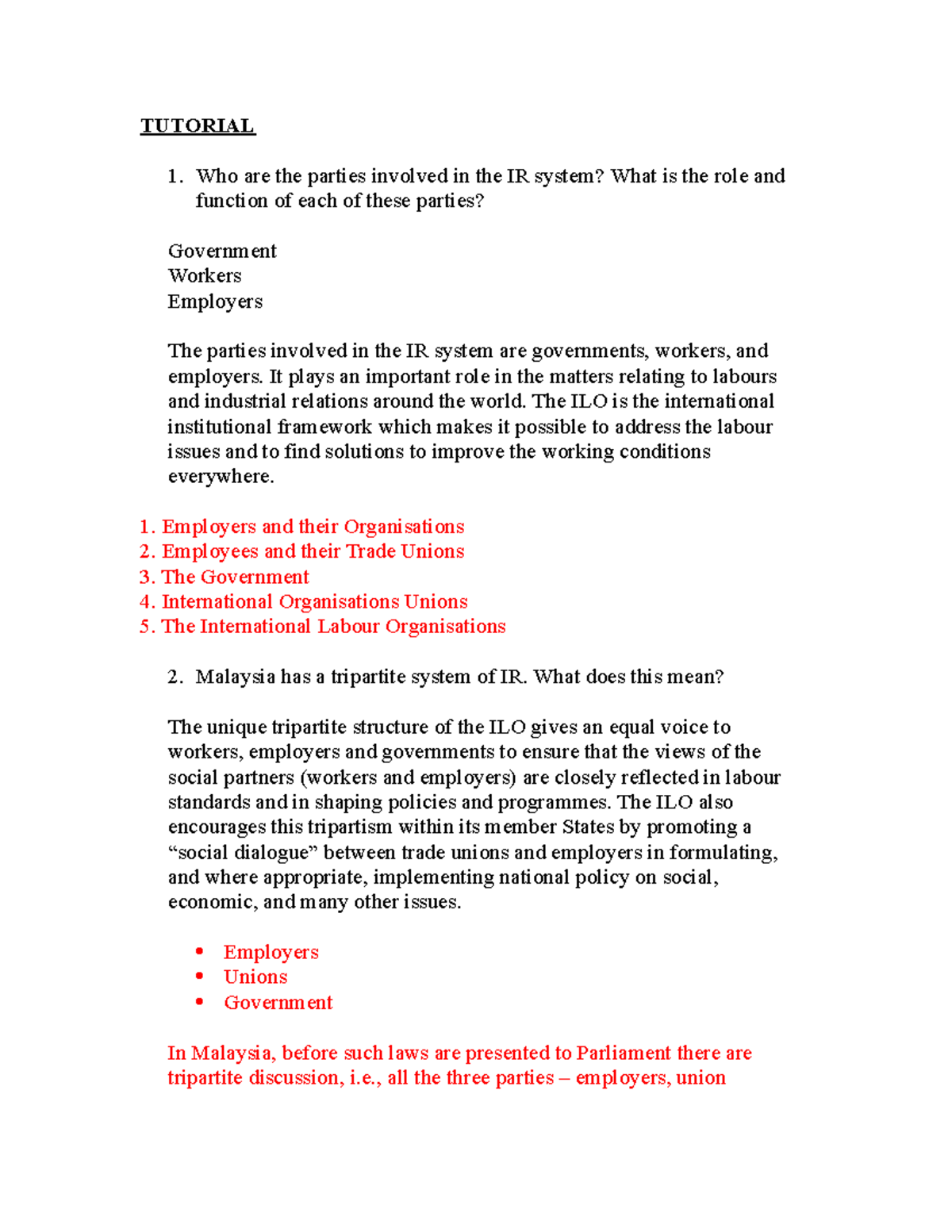 Labour LAW TUT 1 - TUTORIAL Who are the parties involved in the IR ...