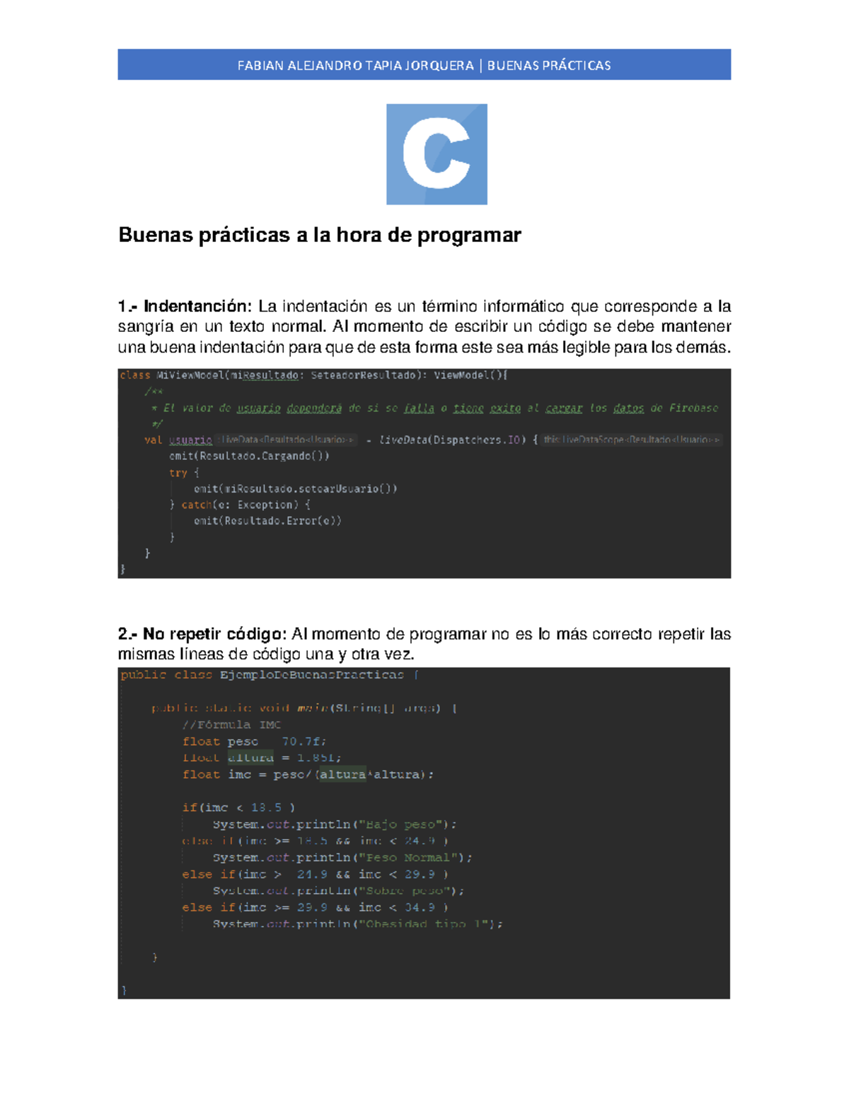 Buenas prácticas en la programación - FABIAN ALEJANDRO TAPIA JORQUERA ...