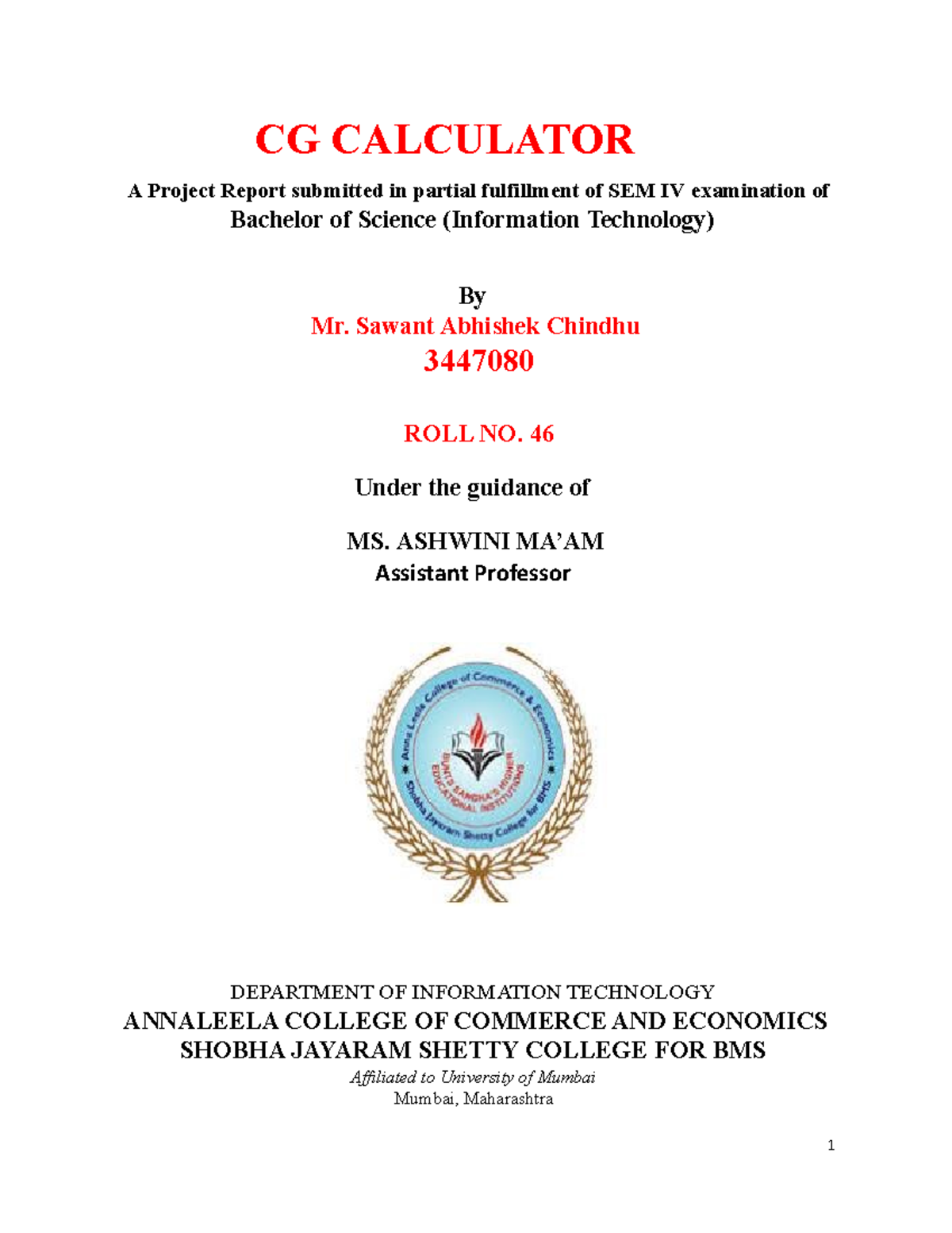 Clinic Management System 3PG - CG CALCULATOR A Project Report submitted ...