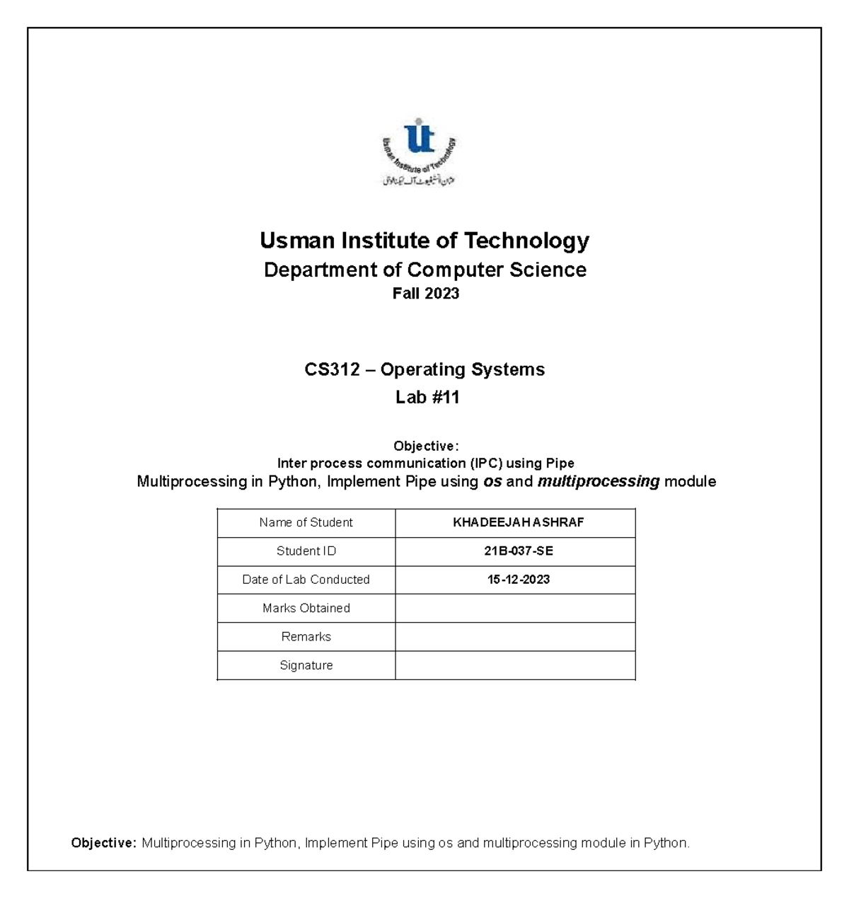 LAB 11 -CS312 -OPERATING SYSTEMS - Usman Institute of Technology Department of Computer Science ...