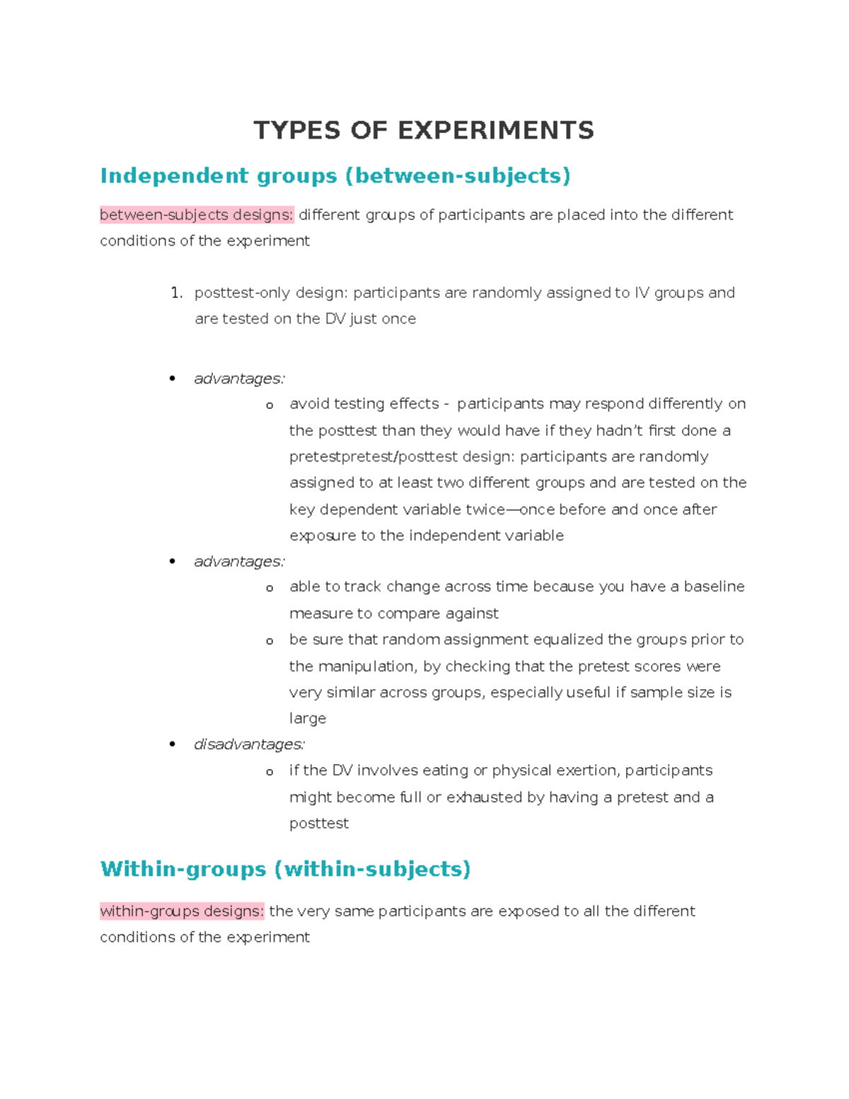 Lecture 9 Part3 - TYPES OF EXPERIMENTS Independent groups (between ...