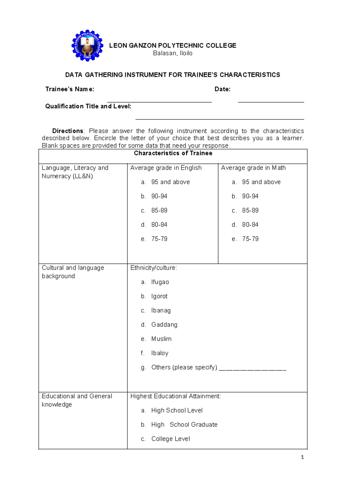 2-Data-gathering Joyce - LEON GANZON POLYTECHNIC COLLEGE Balasan ...