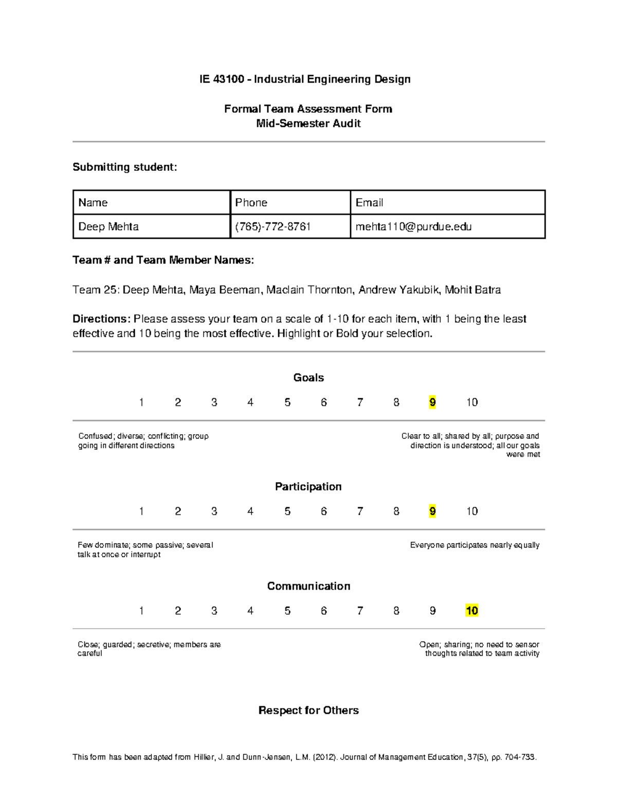 IE43100 Formal Team Assessment Form - Mid-Semester - Updated - IE 43100 ...