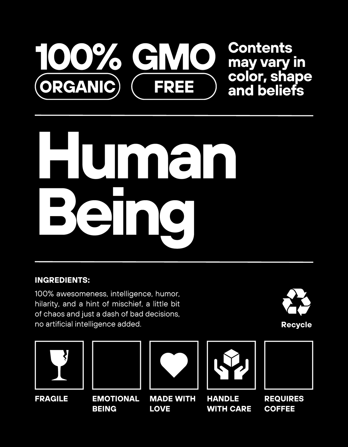 Black White Modern Funny Human Being Label Typography T-Shirt - Art ...