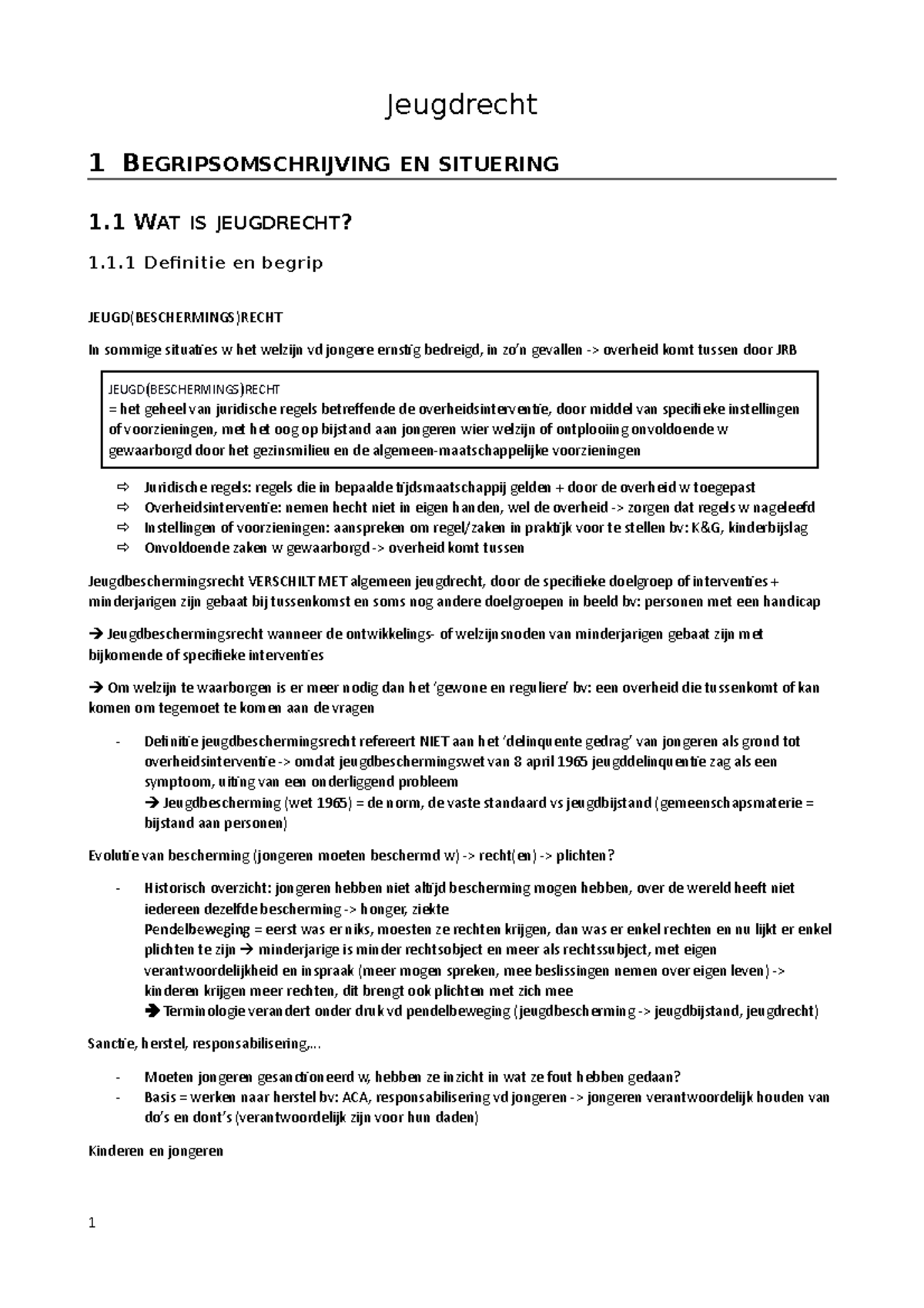Samenvatting jeugdrecht - Jeugdrecht 1 BEGRIPSOMSCHRIJVING EN SITUERING ...