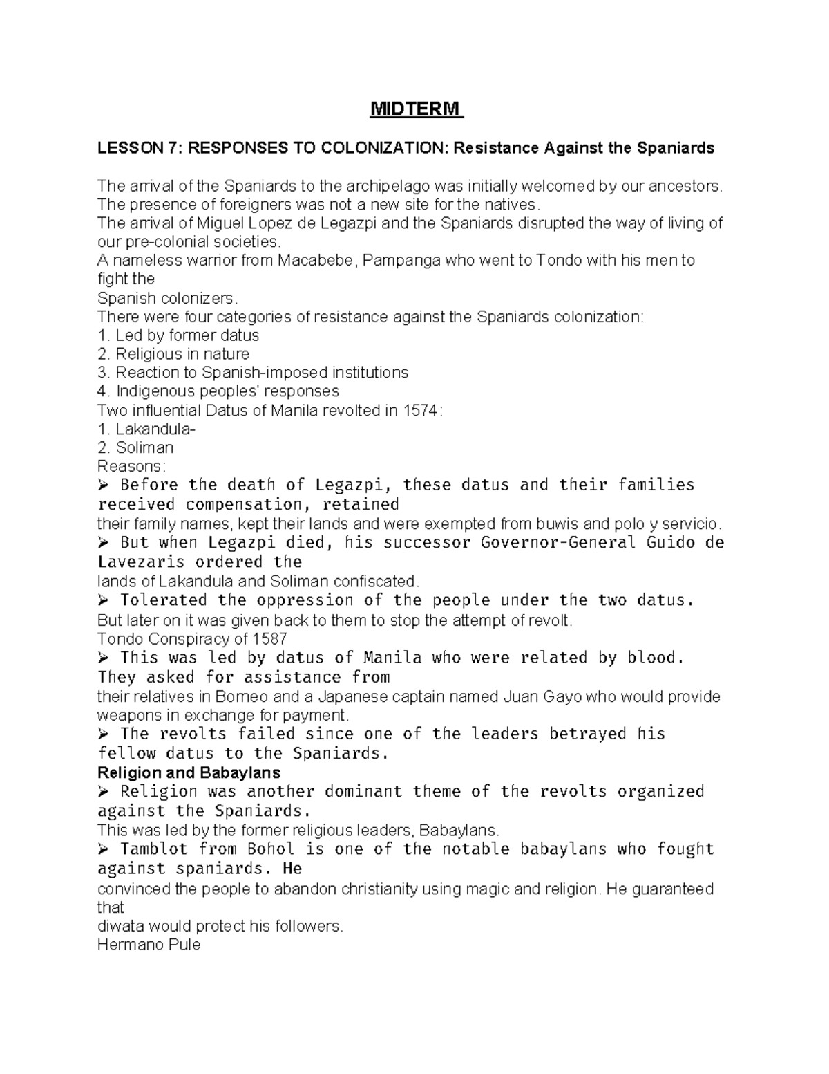 Midterm Lesson Summary - MIDTERM LESSON 7: RESPONSES TO COLONIZATION ...