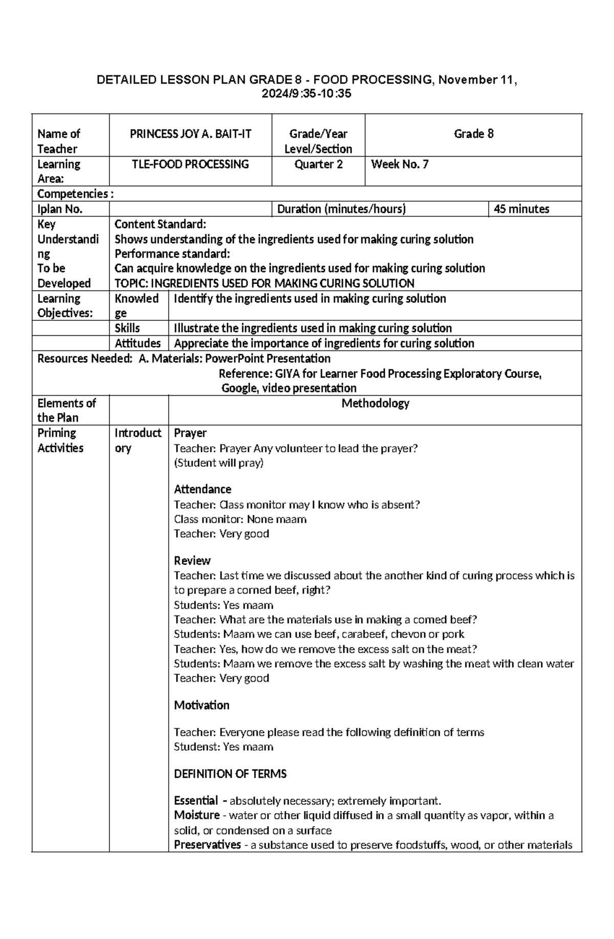 November 11 - none - DETAILED LESSON PLAN GRADE 8 - FOOD PROCESSING ...