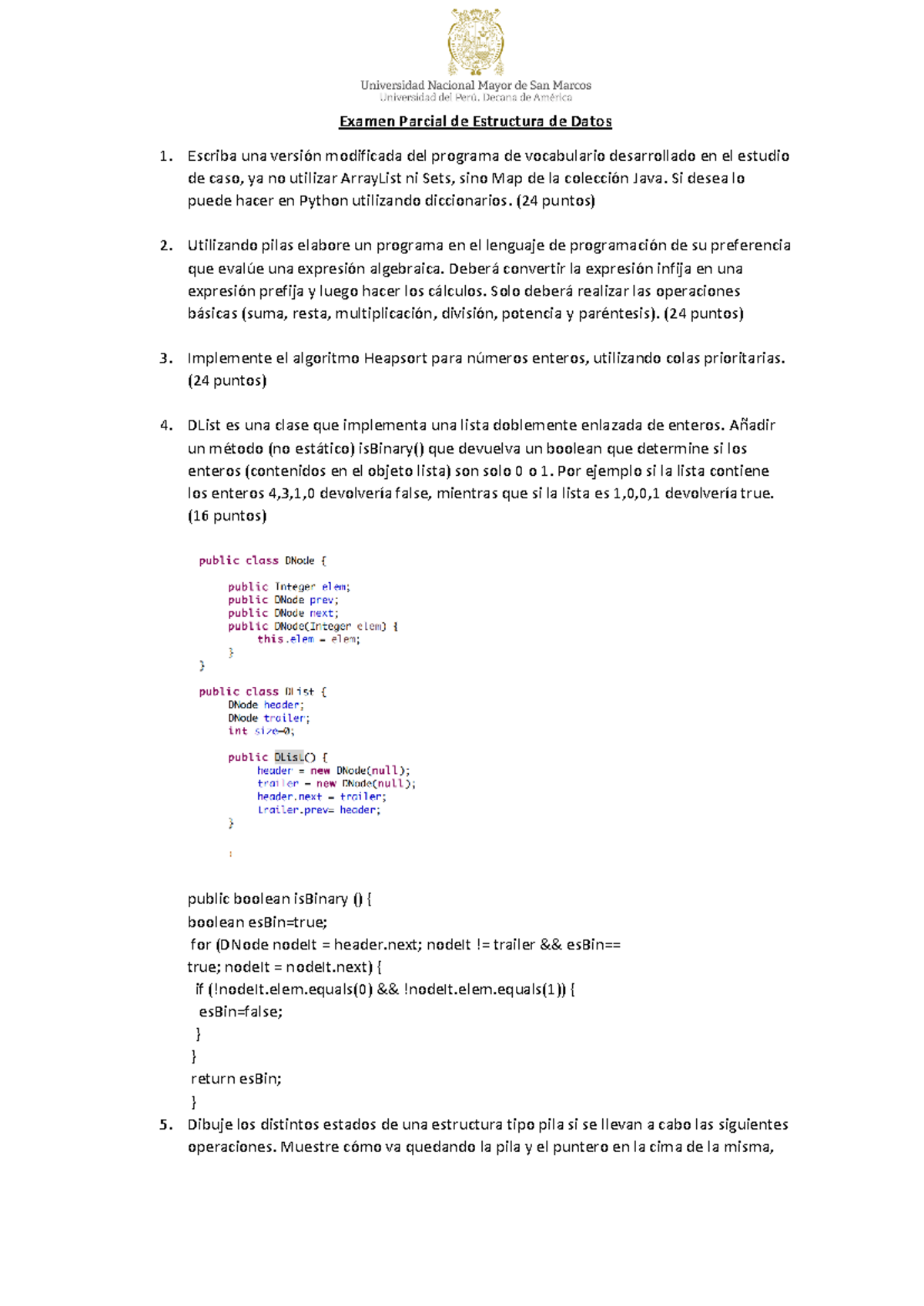 Examen Parcial 2024 I Estructura De Datos Examen Parcial De Estructura De Datos Escriba Una