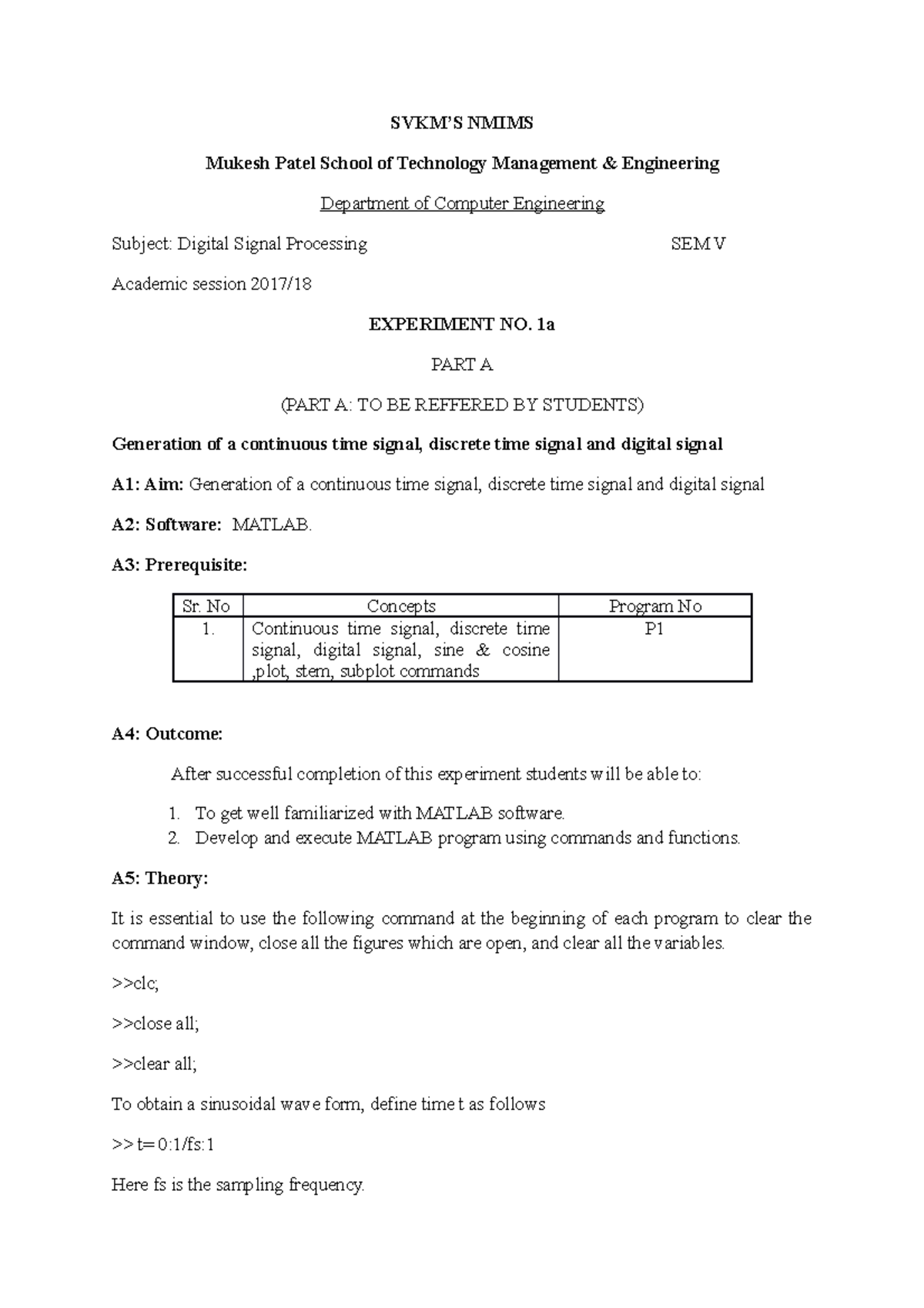 DSP Lab Manual Experiment no 1a - SVKM’S NMIMS Mukesh Patel School of ...