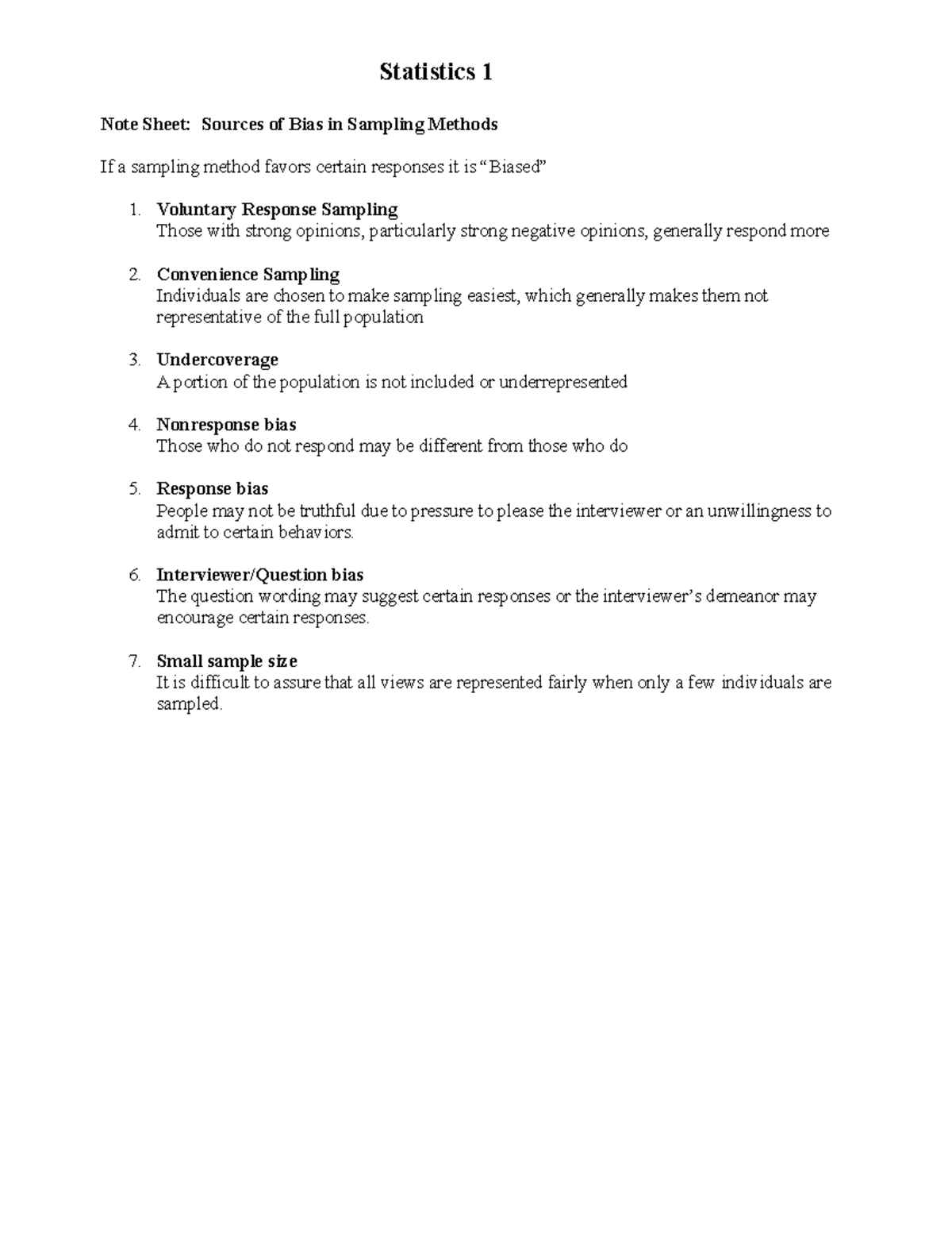 Biased Sampling Note Sheet - Statistics 1 Note Sheet: Sources of Bias ...