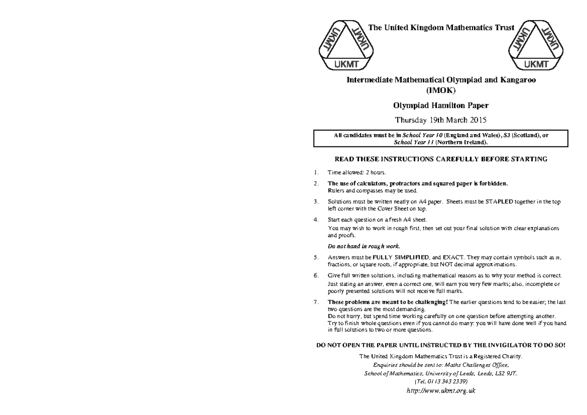 Hamilton 2015 - A variety of UKMT Olympiad papers - The United Kingdom ...