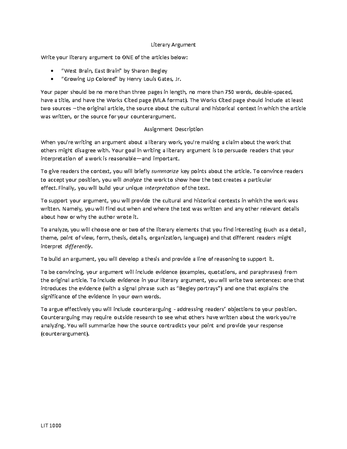 Literary Argument Assignment - LIT 1000 Literary Argument Write your ...