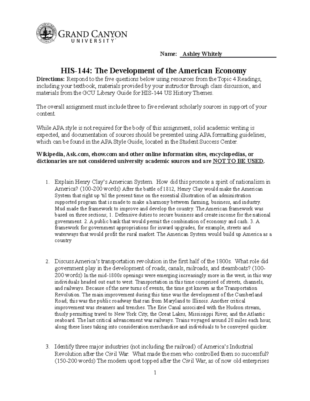 HIS-144 - assignment - Name: Ashley Whitely HIS-144: The Development of ...