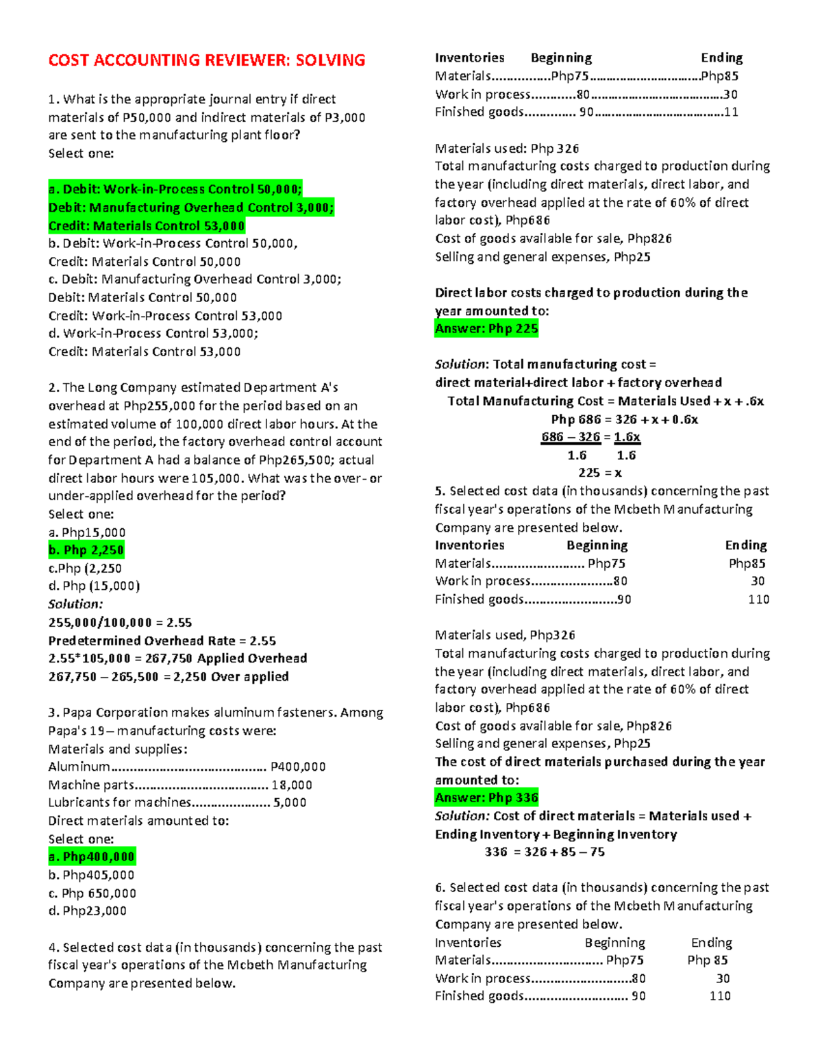 COST Accounting Reviewer solving - UM - Studocu
