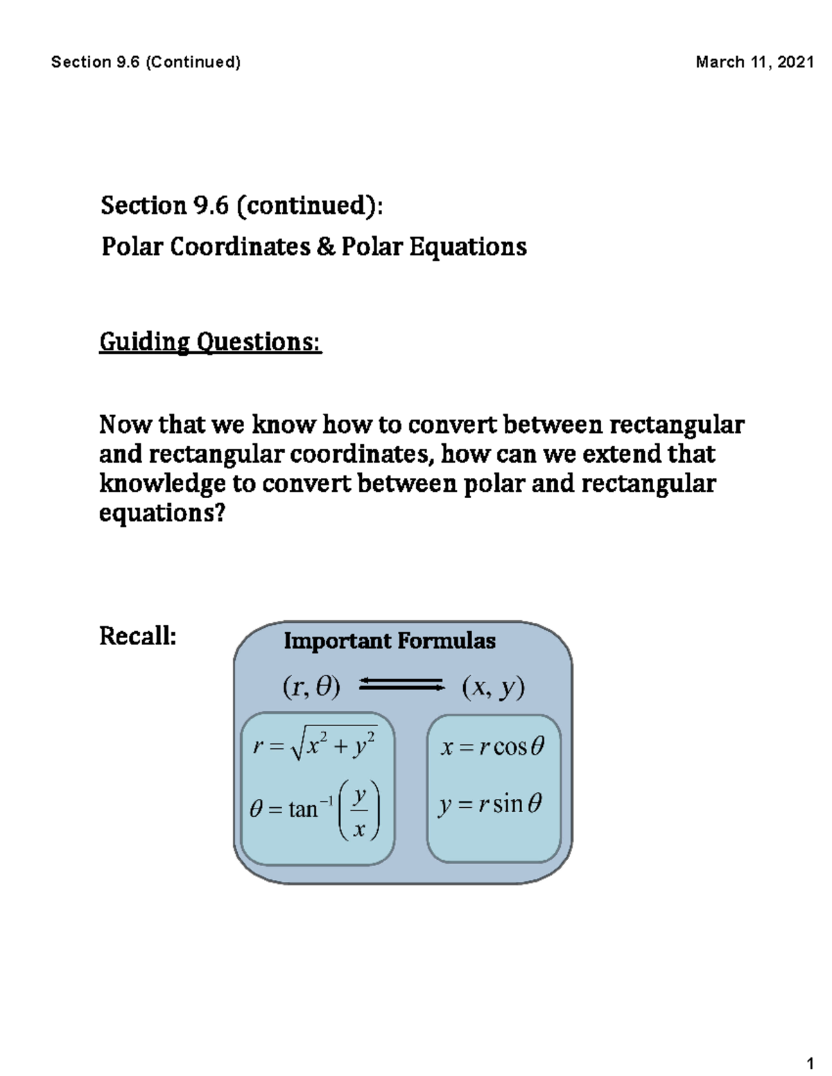 Section 9.6 Guided Notes (Continued) - Section 9 ሺcontinuedሻ: Polar ...