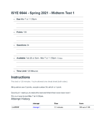 ISYE 6644 - Midterm 1 - Cheat Sheet - Module 1 – Model: high-level representations of the - Studocu