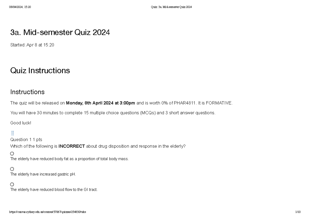 4811 mid term quiz - 3a. Mid-semester Quiz 2024 Started: Apr 8 at 15 ...