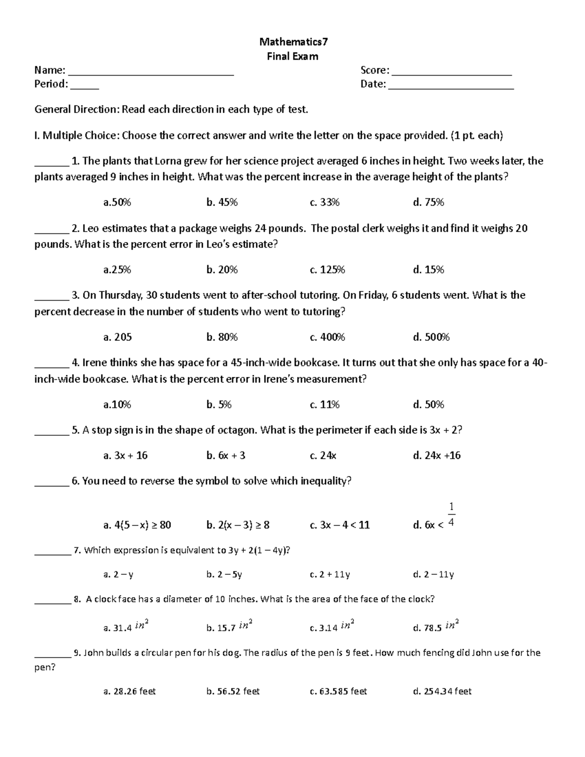 Final exam 2019 - notes - Mathematics Final Exam Name ...