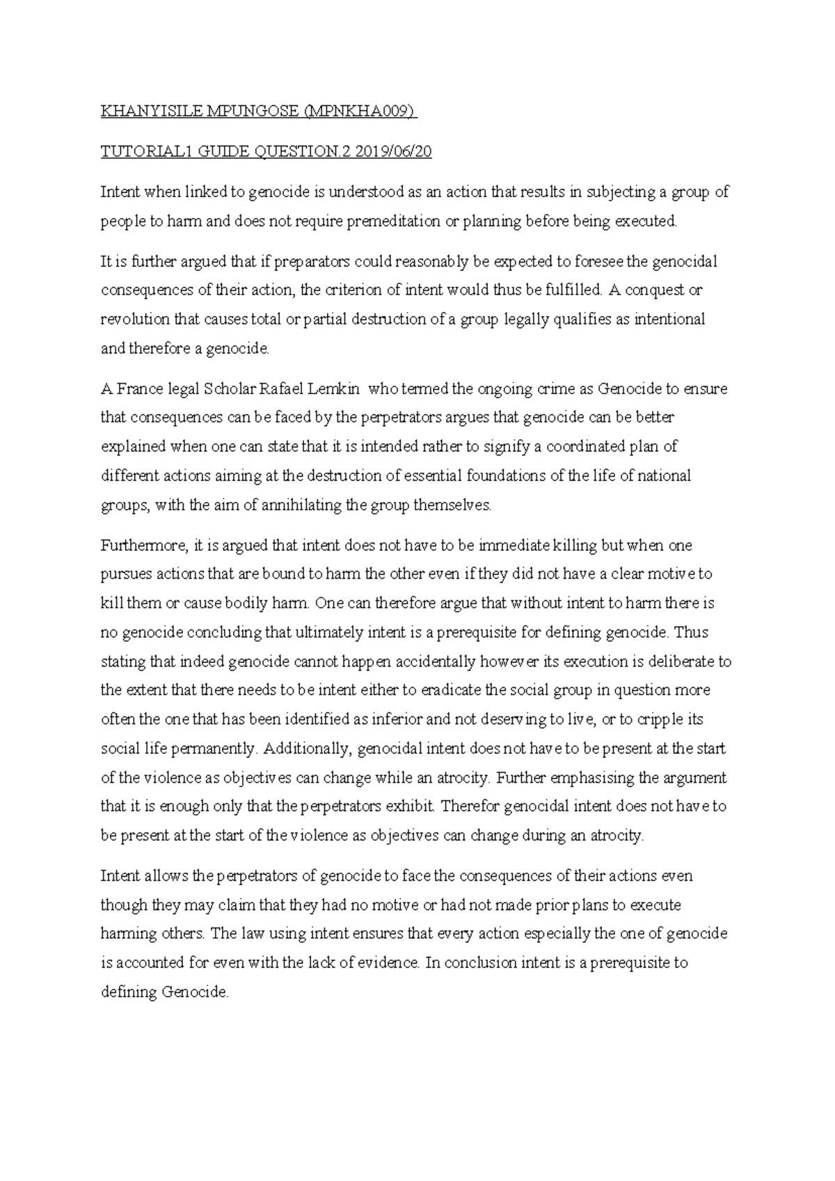 History Tut1 - Definition of Genocide - KHANYISILE MPUNGOSE (MPNKHA009 ...