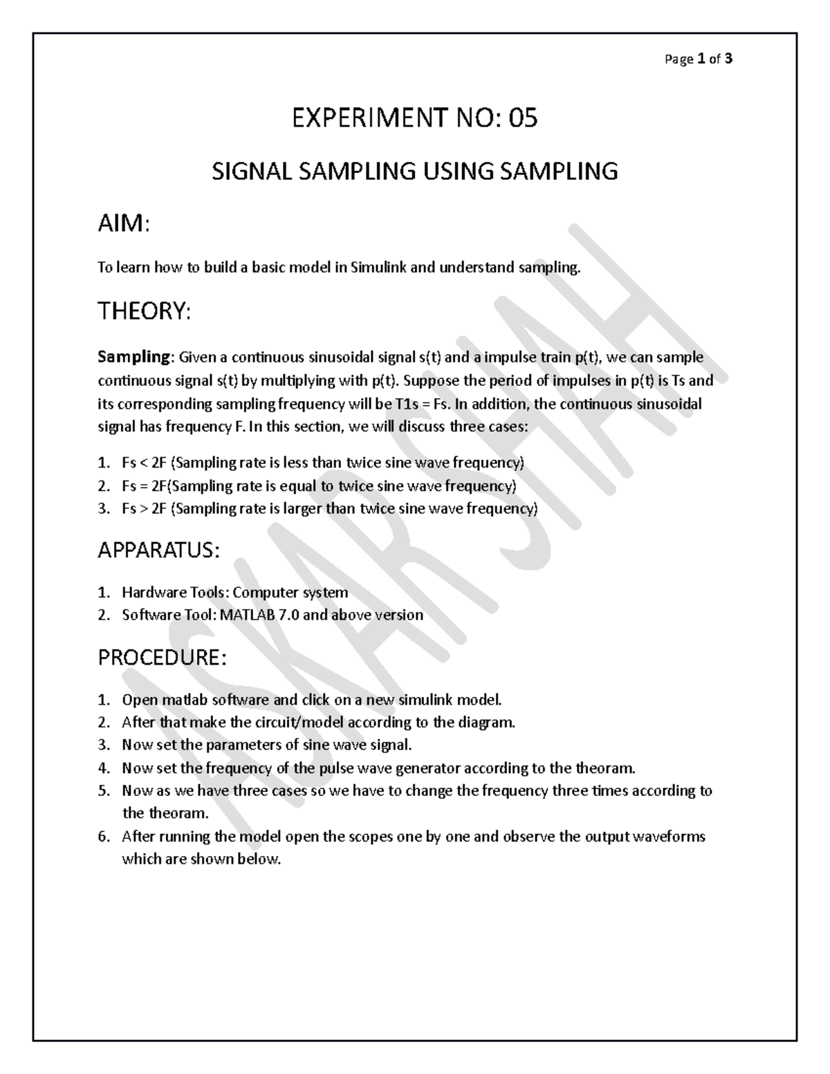 Sadiq LAB 05 - Page 1 of 3 EXPERIMENT NO: 05 SIGNAL SAMPLING USING ...