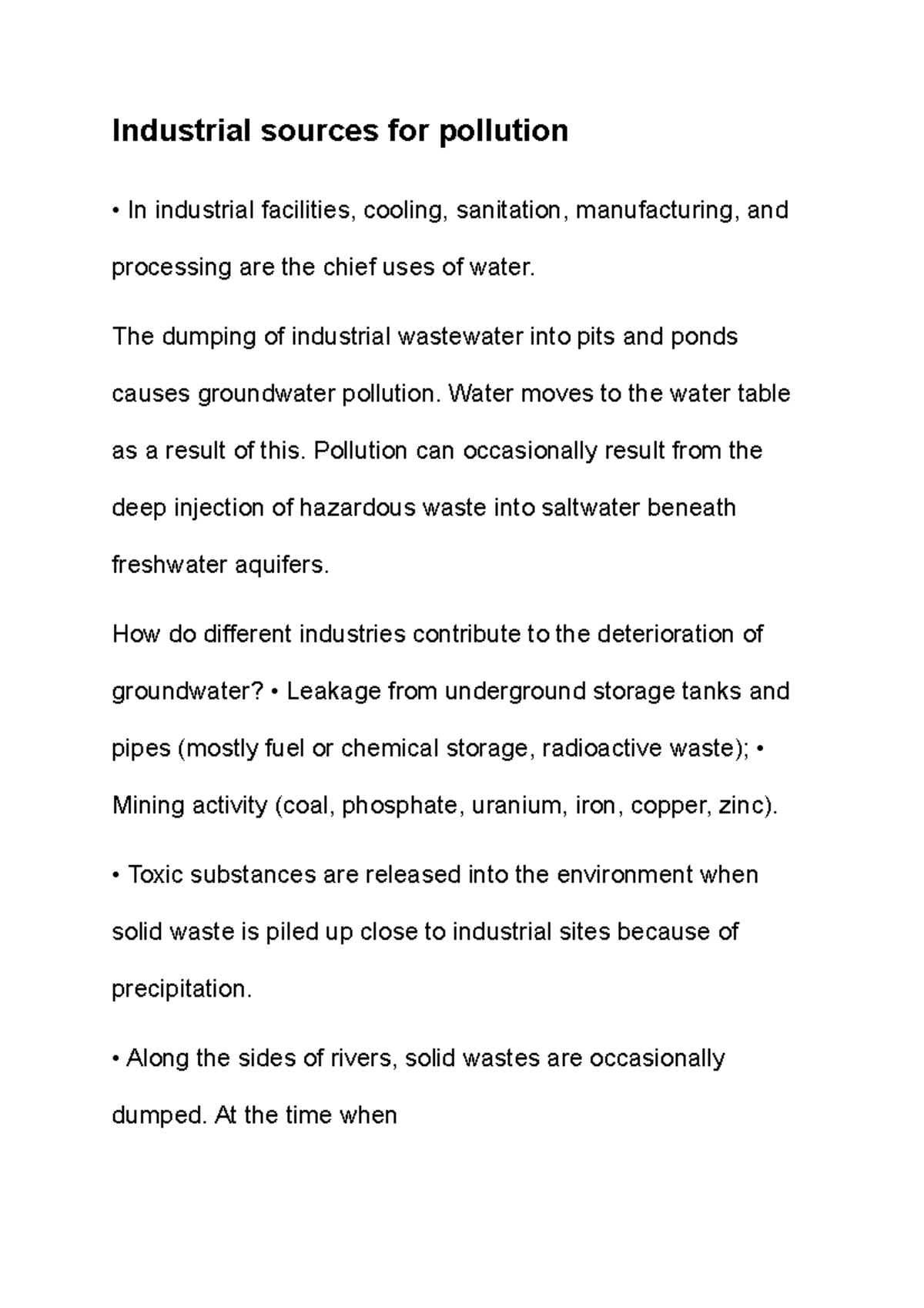 Industrial sources for pollution - The dumping of industrial wastewater ...