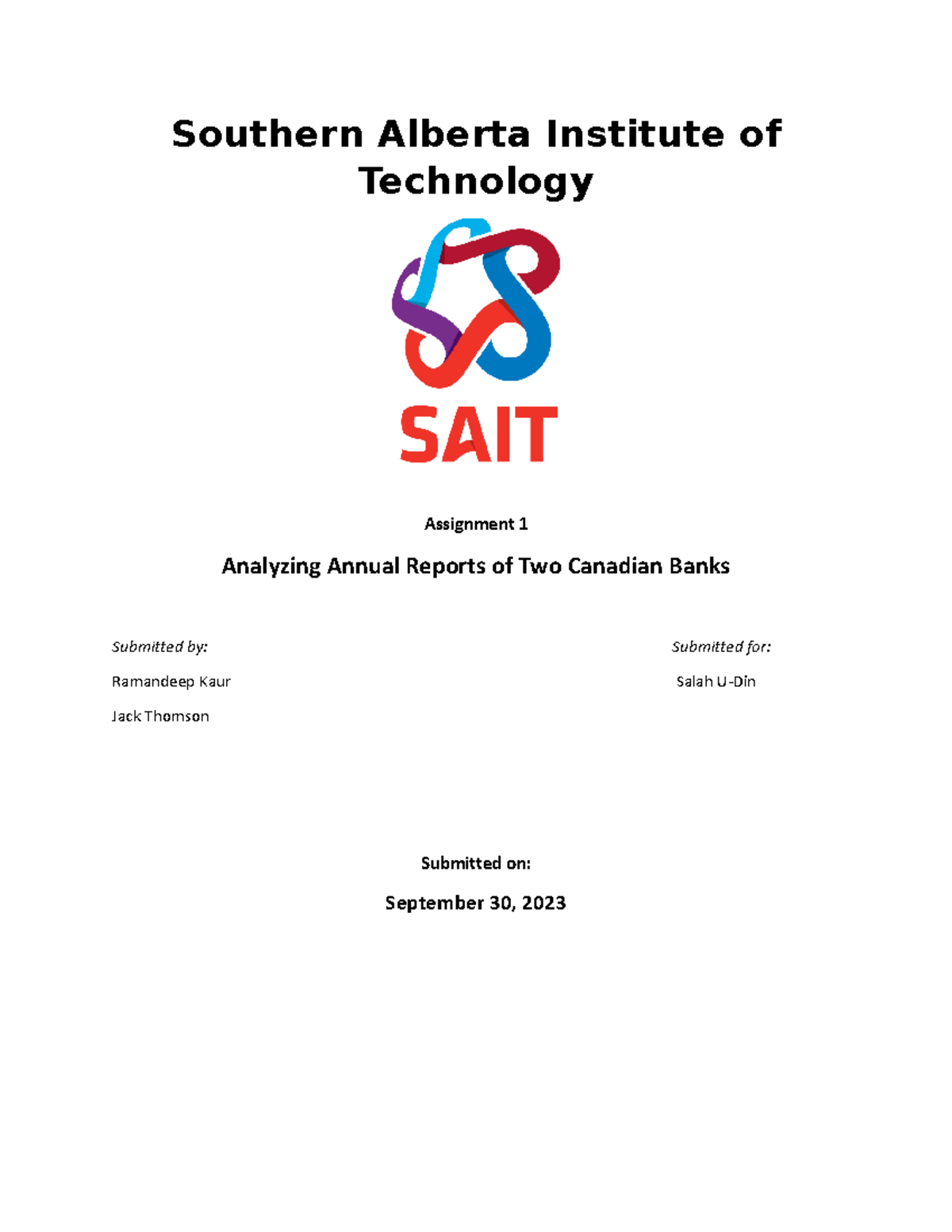 BFIN Assignment 1 - Southern Alberta Institute of Technology Assignment ...