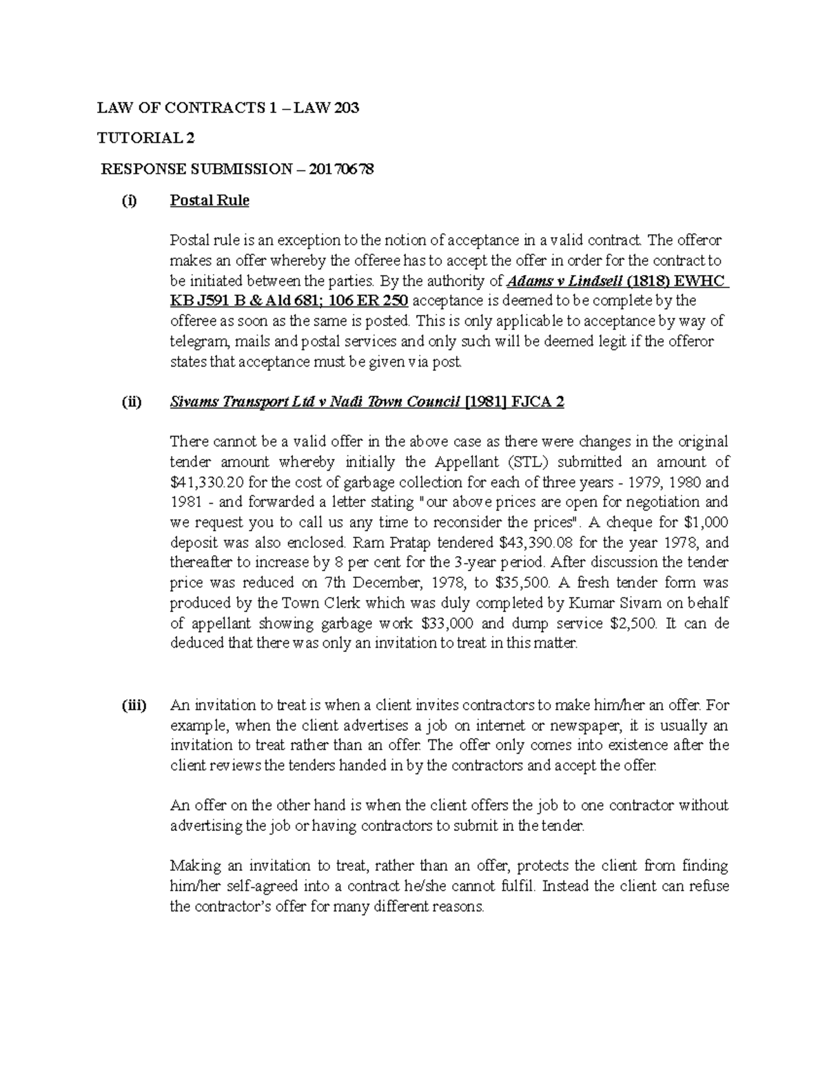 Tutorial 2 Submission - LAW OF CONTRACTS 1 – LAW 203 TUTORIAL 2 ...