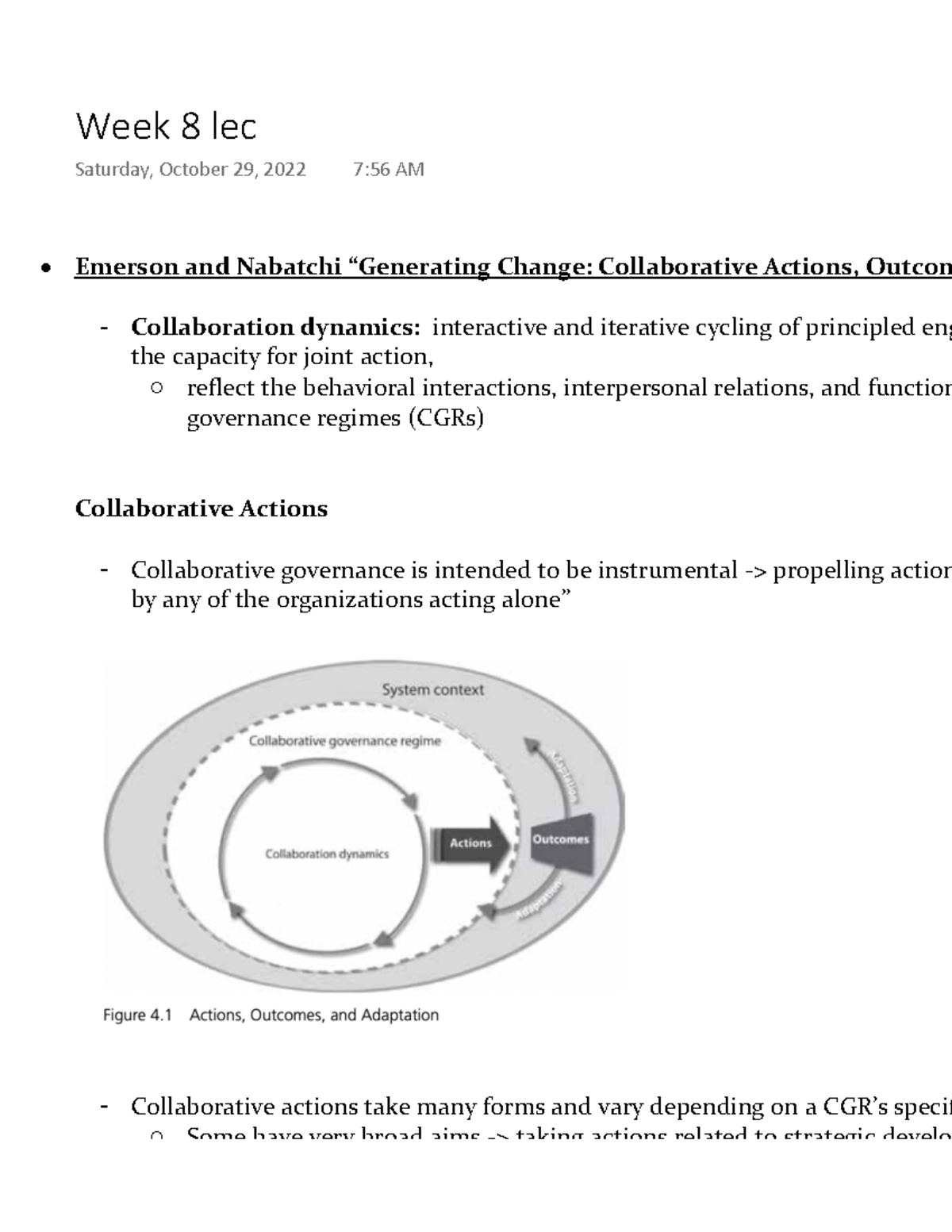 Week 8 lec - · Emerson and Nabatchi “Generating Change: Collaborative Actions, Outcomes ...