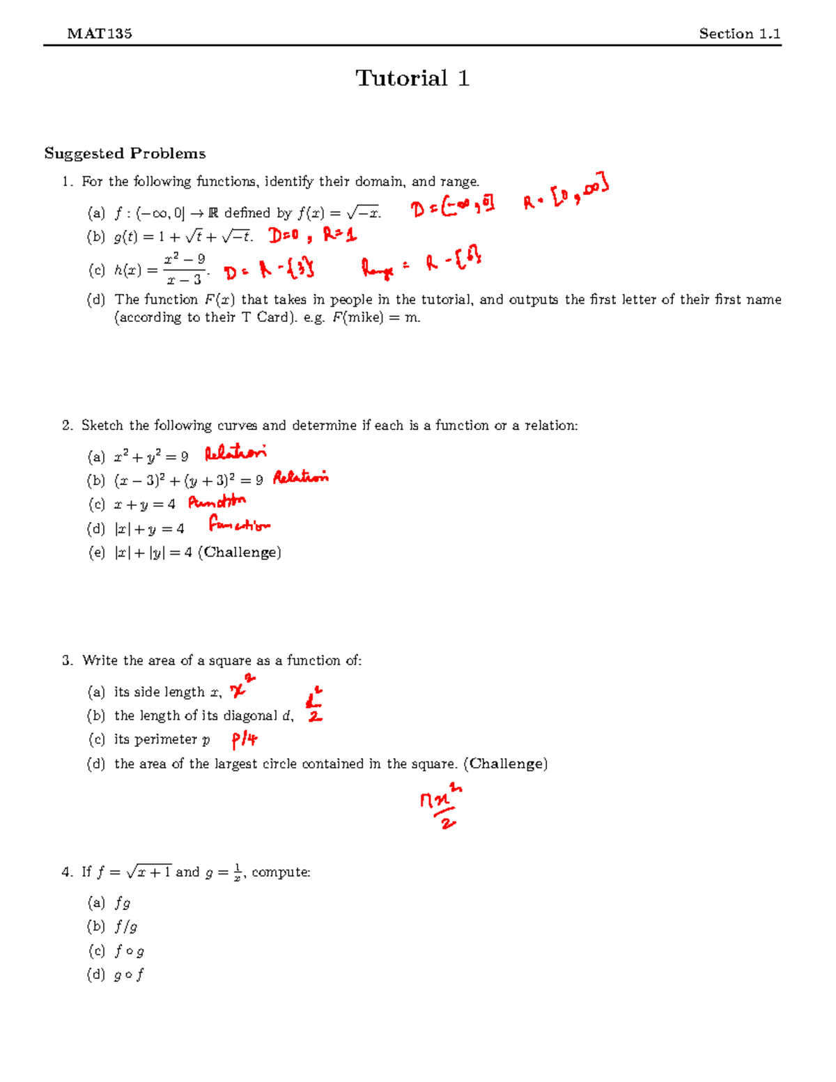 Tutorial 1 mat135 questions - MAT135 Section 1. Tutorial 1 Suggested Problems 1. For the ...