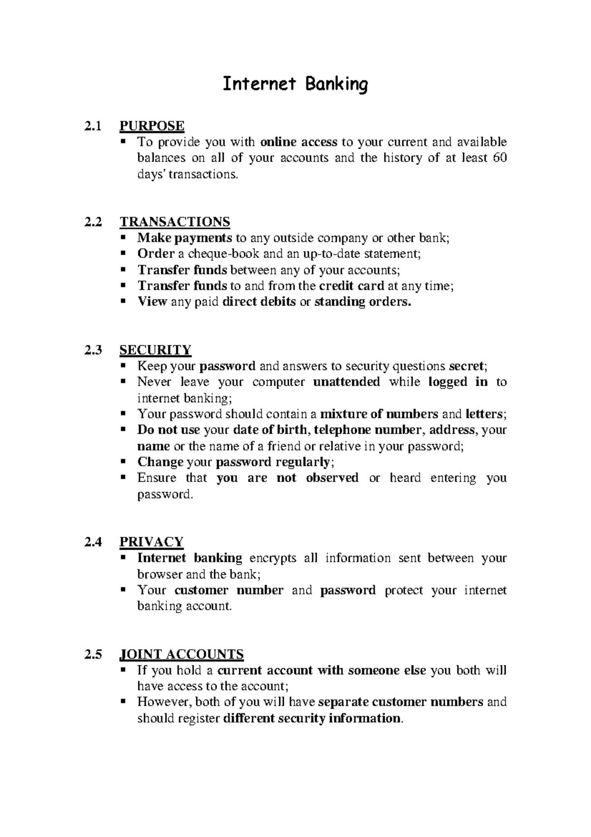 Internet Banking - 2 PURPOSE To provide you with online access to your ...