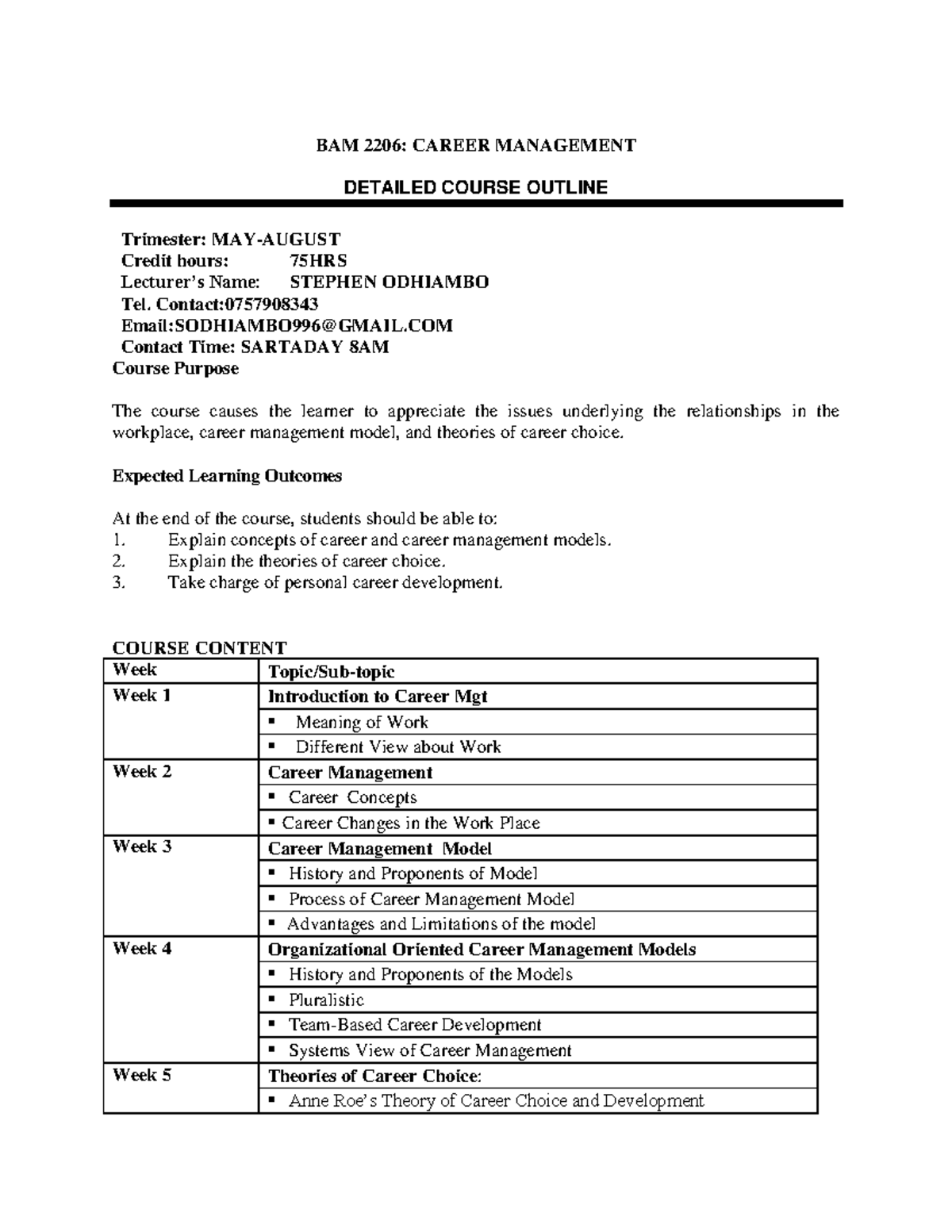 Career management - course outline - BAM 2206: CAREER MANAGEMENT ...