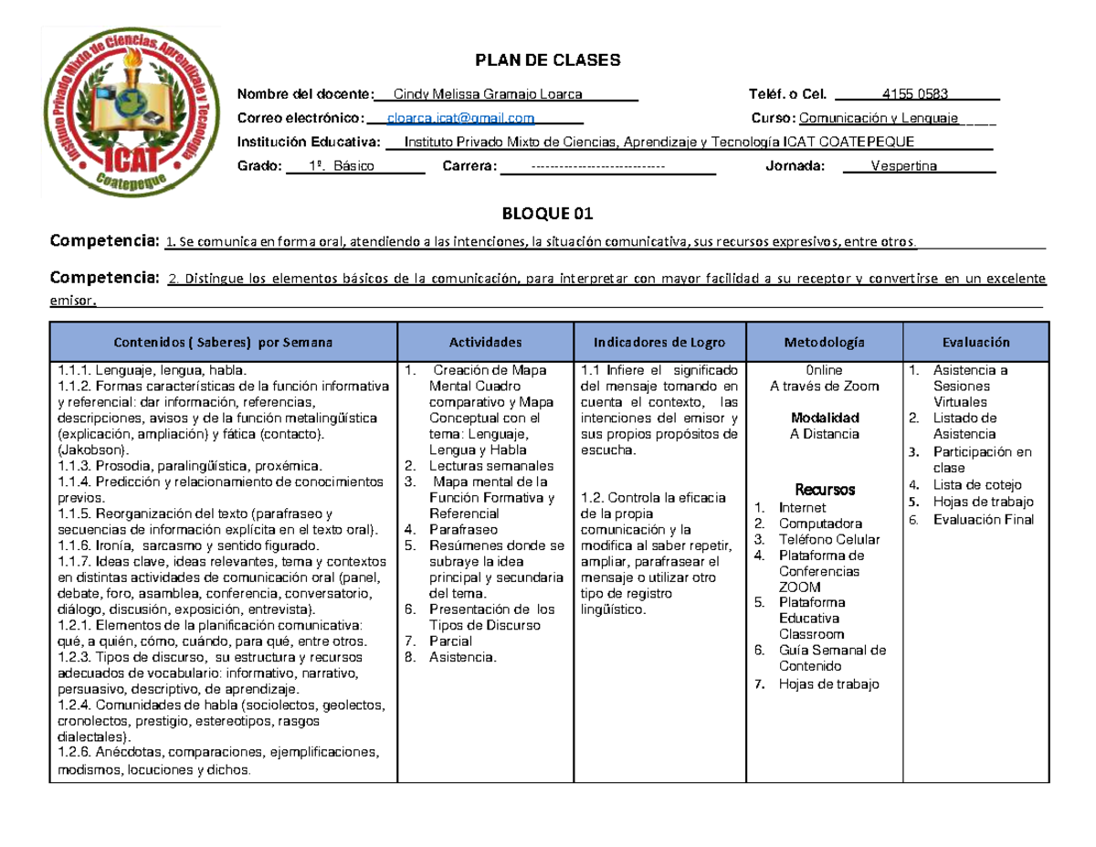 Planificación Anual Comunicación y Lenguaje 1ro. Basico - PLAN DE CLASES Nombre del docente ...