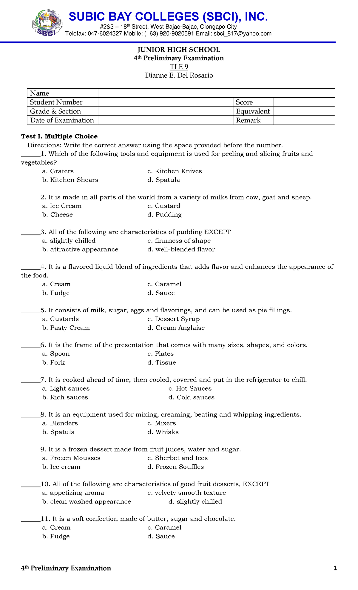 TLE9-4th Q Prelim - A practice test in Tle Grade 9 - 4 th Preliminary ...