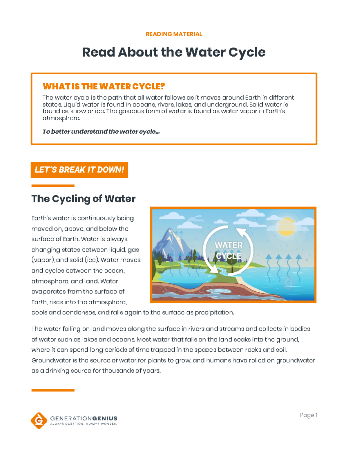 Water cycle reading material grades 8 - READING MATERIAL Read About the ...