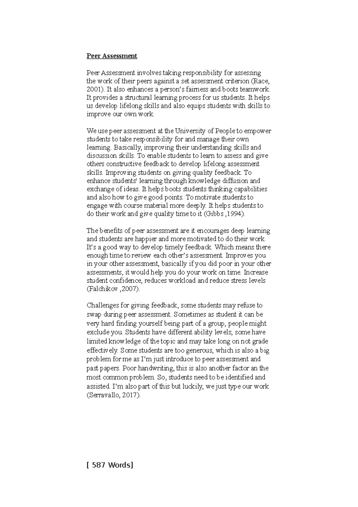 Peer Assessment on students & the college - Peer Assessment Peer ...