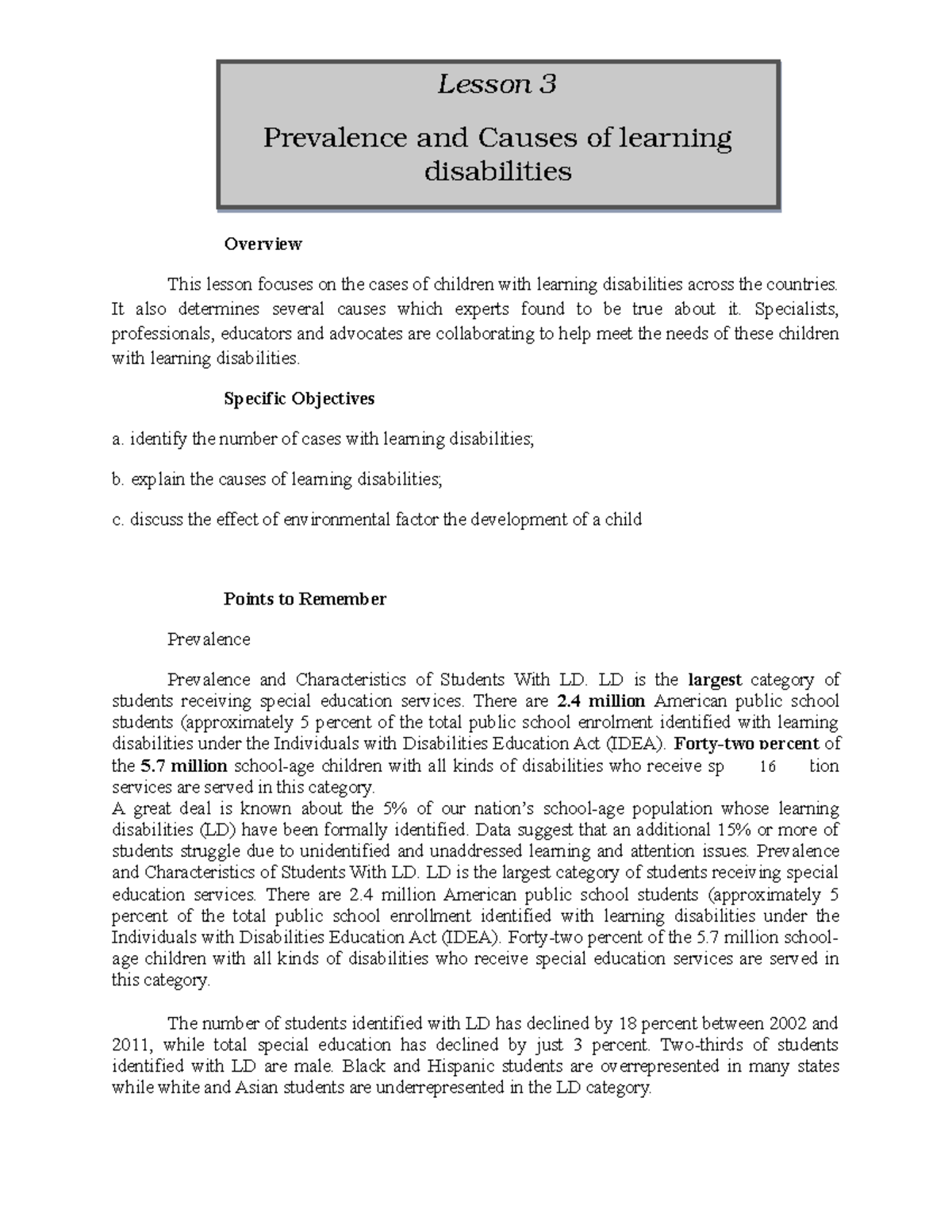 Lesson 3 Prevalence And Causes Of Learning Disability Overview This