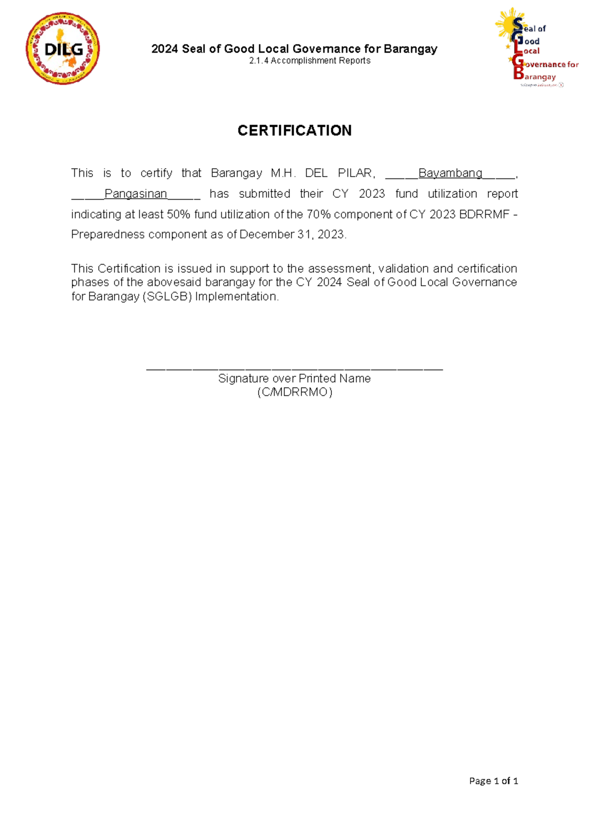 2.1.4.1 Certification Bdrrmaccomp Fund Mdrrmo per Brgy - 2024 Seal of ...
