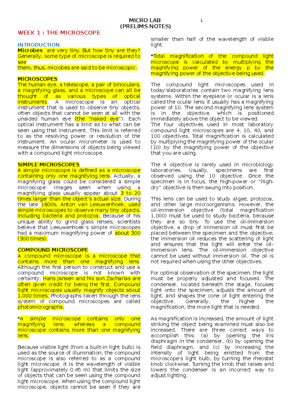 Microlab - N/A - MICRO LAB (PRELIMS NOTES) WEEK 1 : THE MICROSCOPE ...