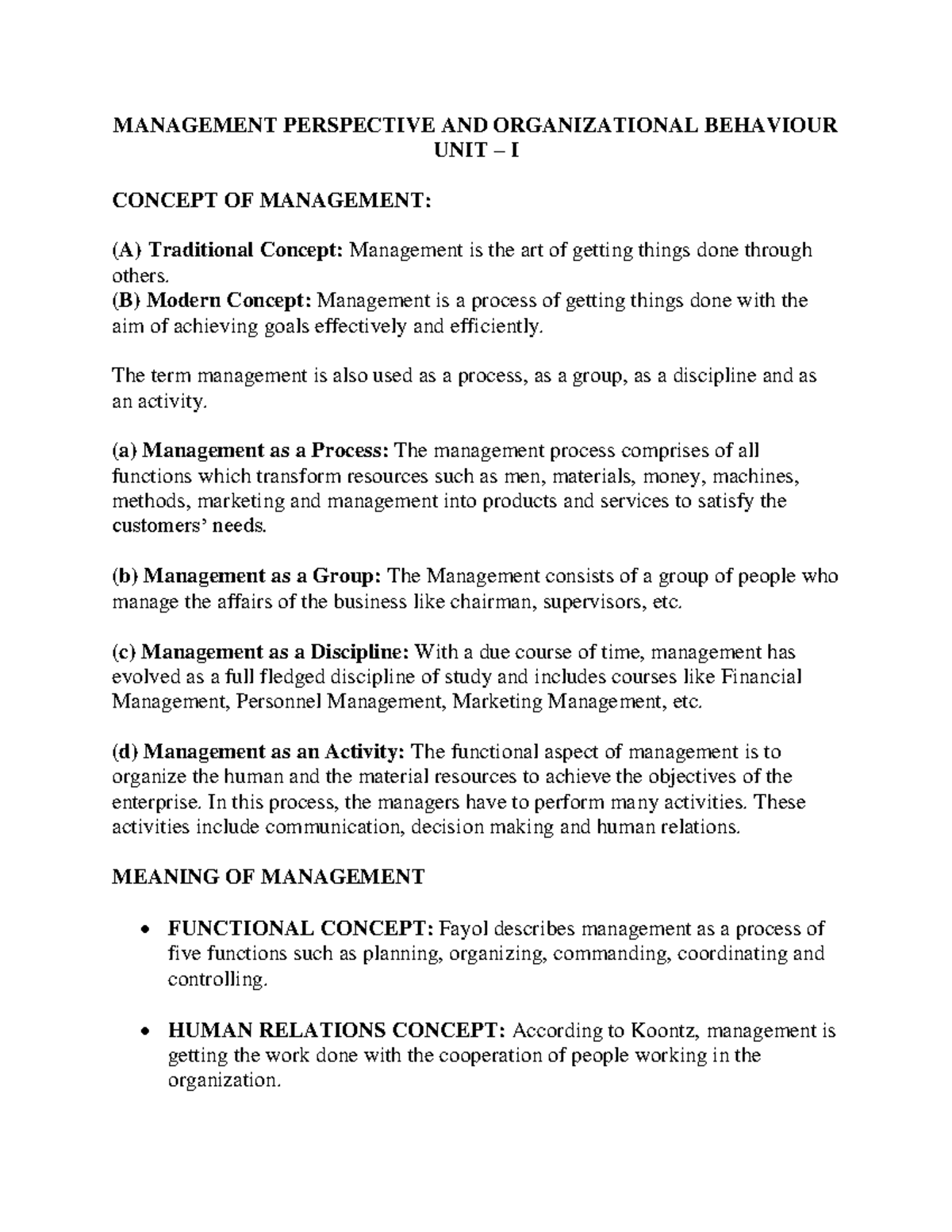 Introduction to Management - MANAGEMENT PERSPECTIVE AND ORGANIZATIONAL ...