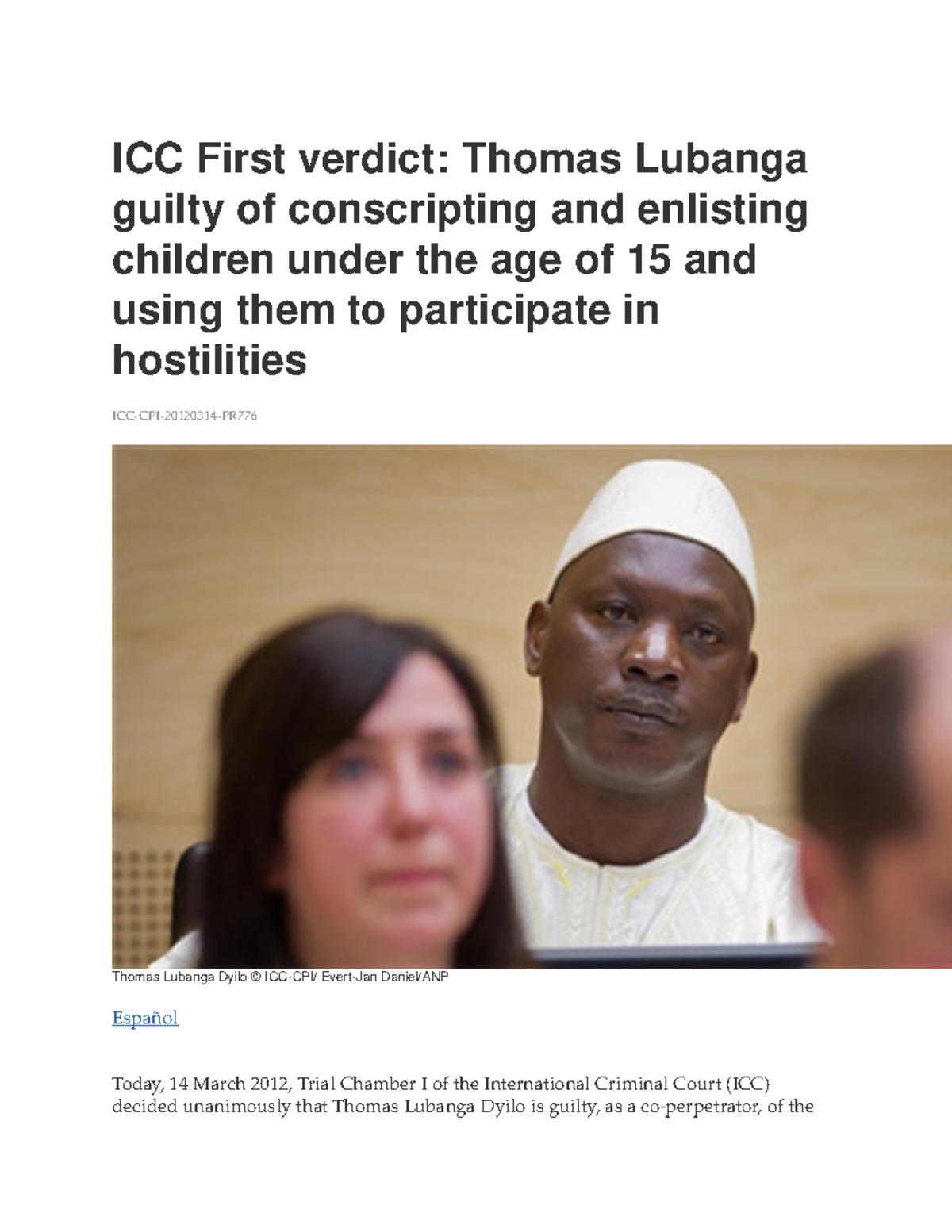 ICC First verdict - cases - ICC First verdict: Thomas Lubanga guilty of ...