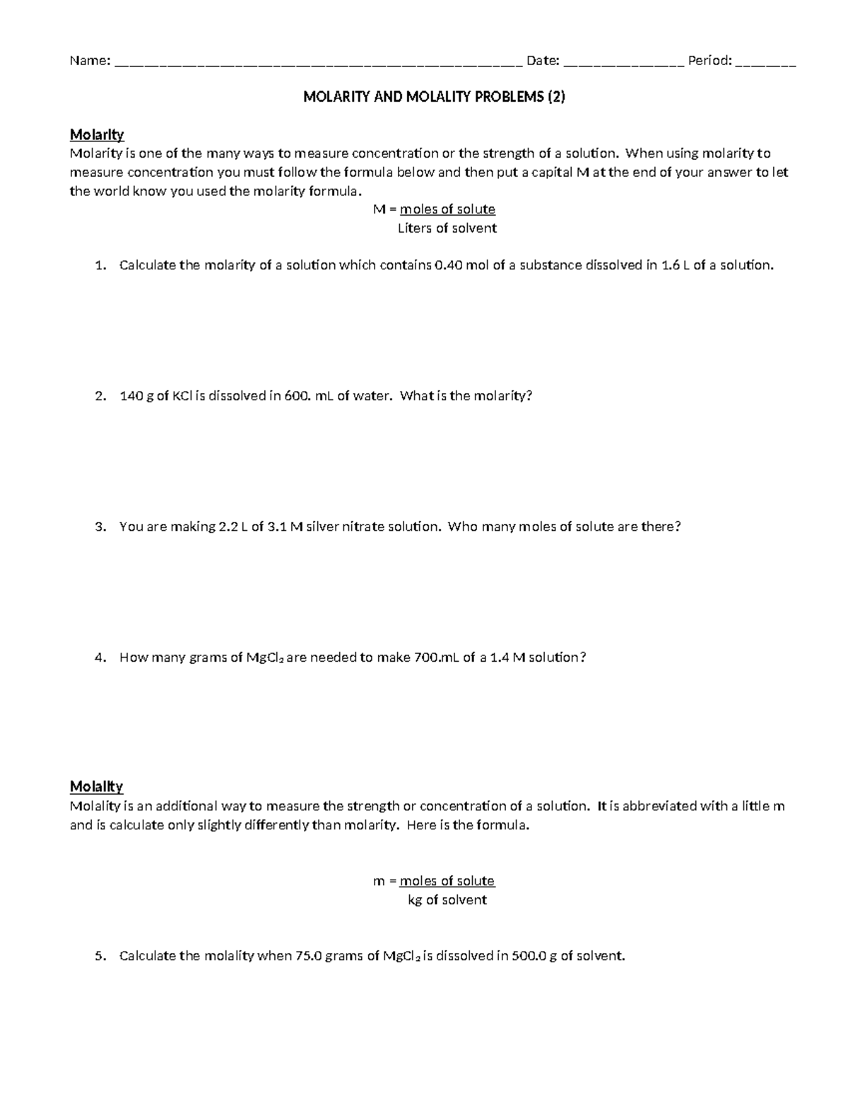 Practice - Molarity and Molality Problems (2) 2021 - Name: - Studocu