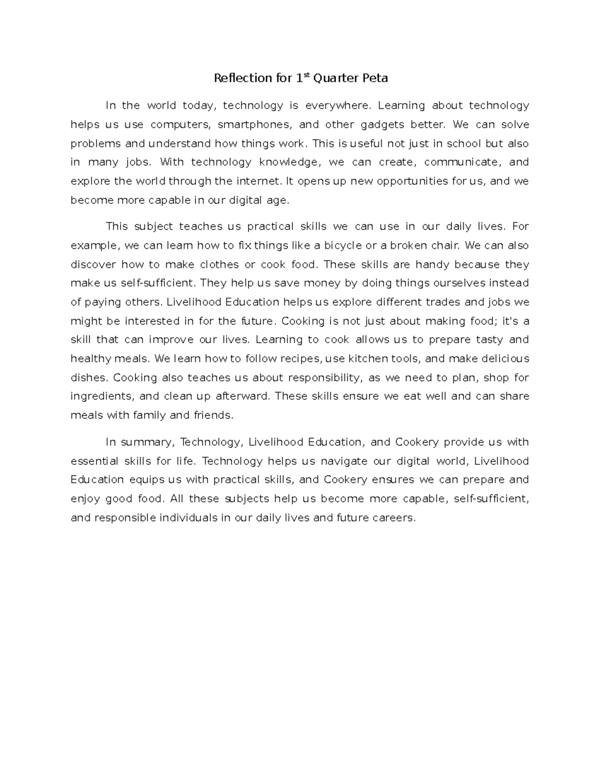 Reflection for 1st Quarter Peta - Reflection for 1st Quarter Peta In ...