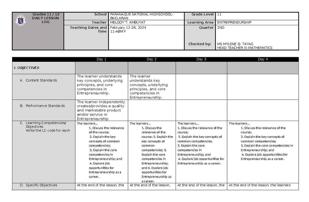 Entrep-Q3-WEEK2-5- Ambuyatmt - Grades 11 / 12 DAILY LESSON LOG School ...