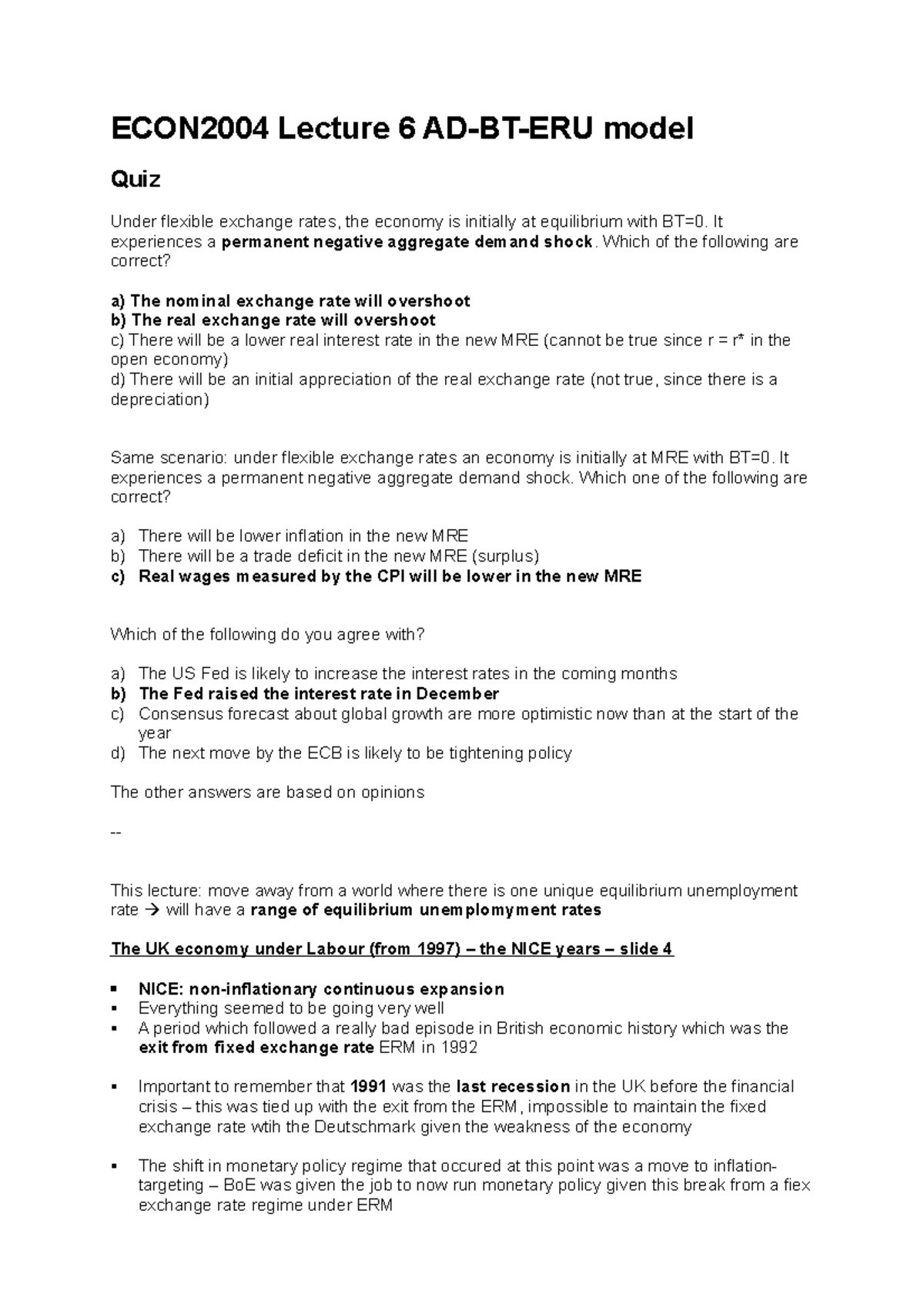 ECON2004 Term 2 Lecture 6 - ECON2004 Lecture 6 AD-BT-ERU model Quiz Under flexible exchange ...