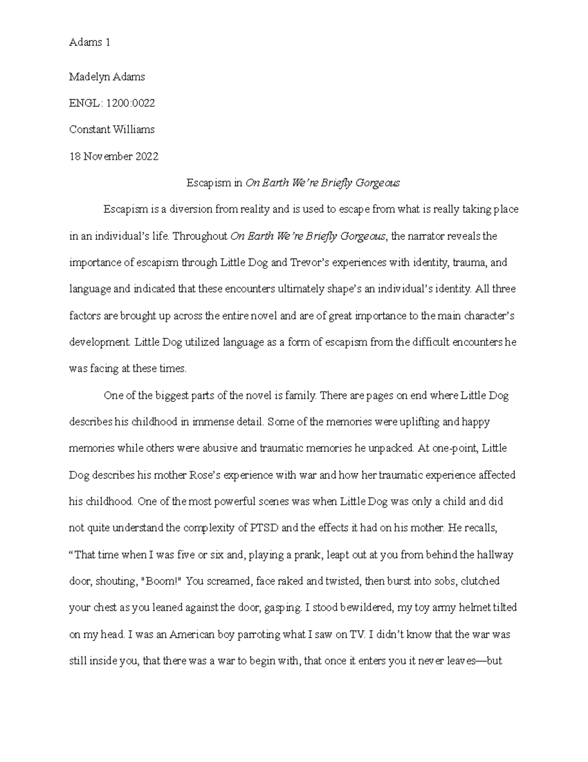 Paper 2 - Madelyn Adams - Madelyn Adams ENGL: 1200: Constant Williams ...